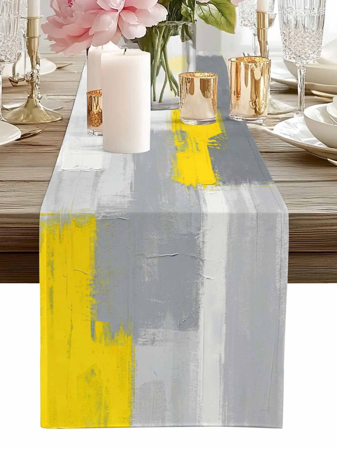 Table Runner Yellow Oil Painting Table Runners Grey Abstract Graffiti ...