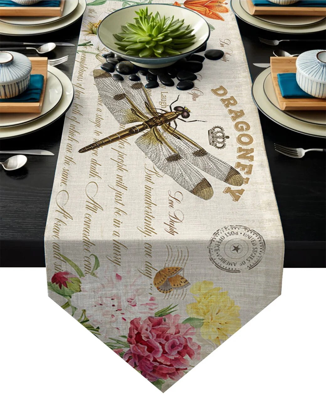 Table Runners Modern Animal Dragonfly Retro Literary Background Table ...