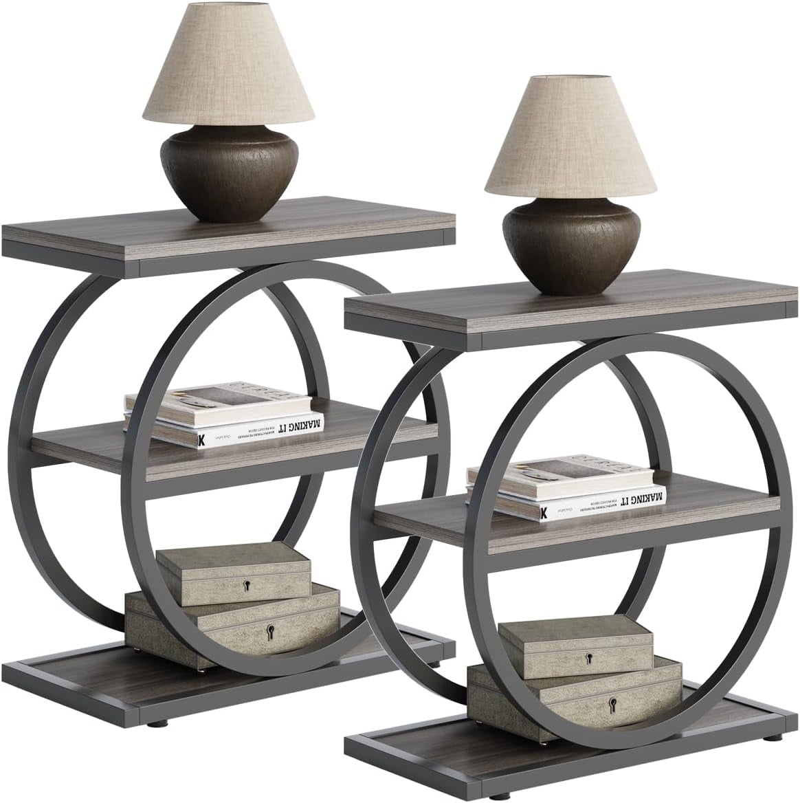 Table Set 2, Side Table with 3 Tiers Shelves, Slim Sofa Side Table for ...