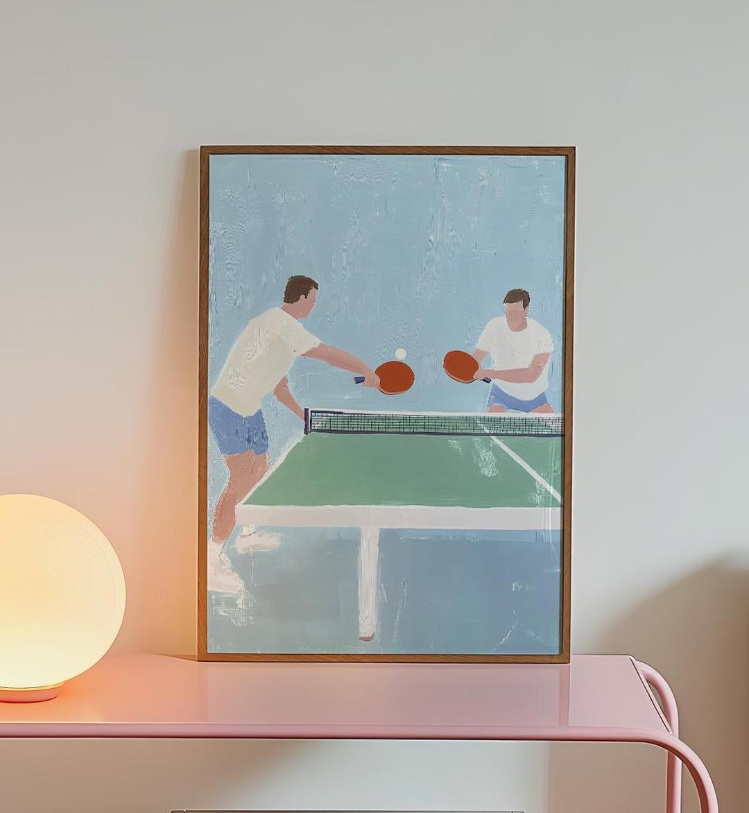 Table Tennis Print • Ping Pong Game Room Oil Painting Mid Century ...
