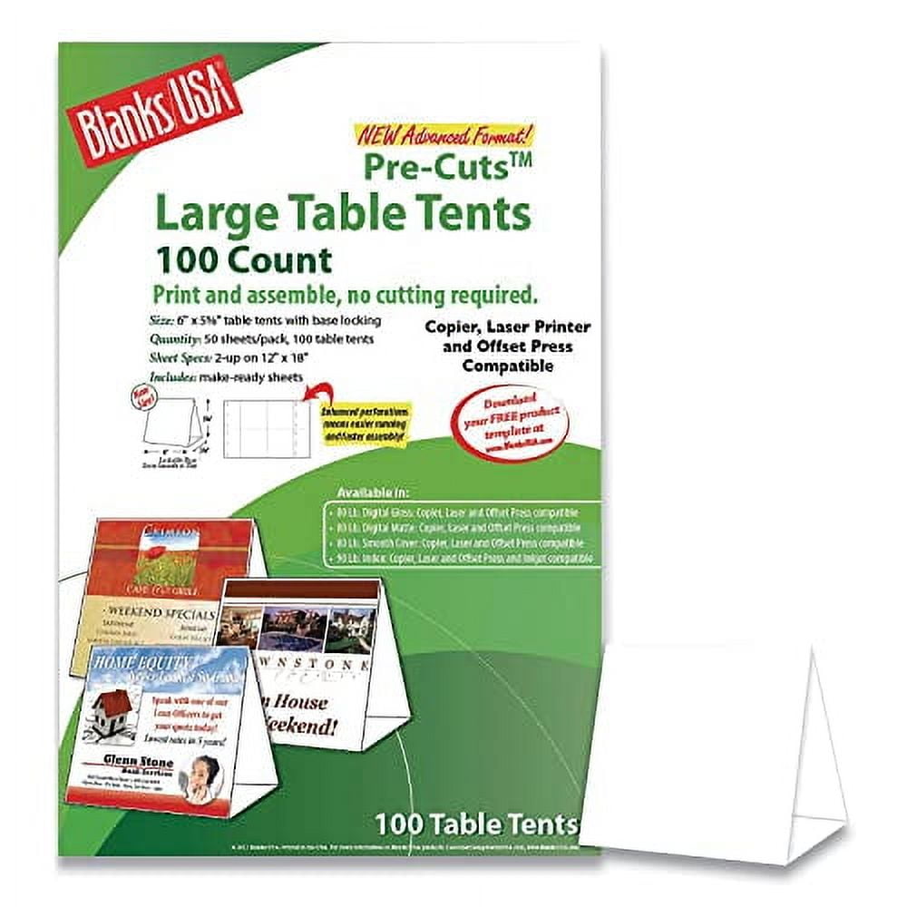 Table Tent, 80 lb Cover Weight, 12 x 18, White, 2 Tents/Sheet, 50 ...