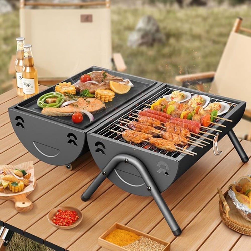 Table Top Grill Charcoal with Smoker, Double Side Use Small Charcoal ...
