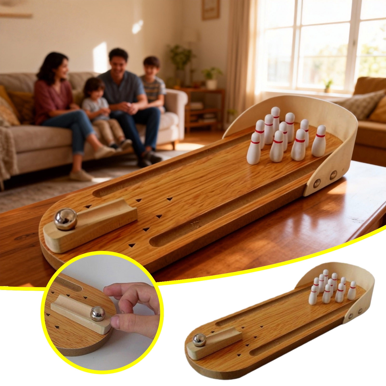 Table Top Mini Bowling Game Set, 12 Inch Wooden Desktop Tiny Bowling ...