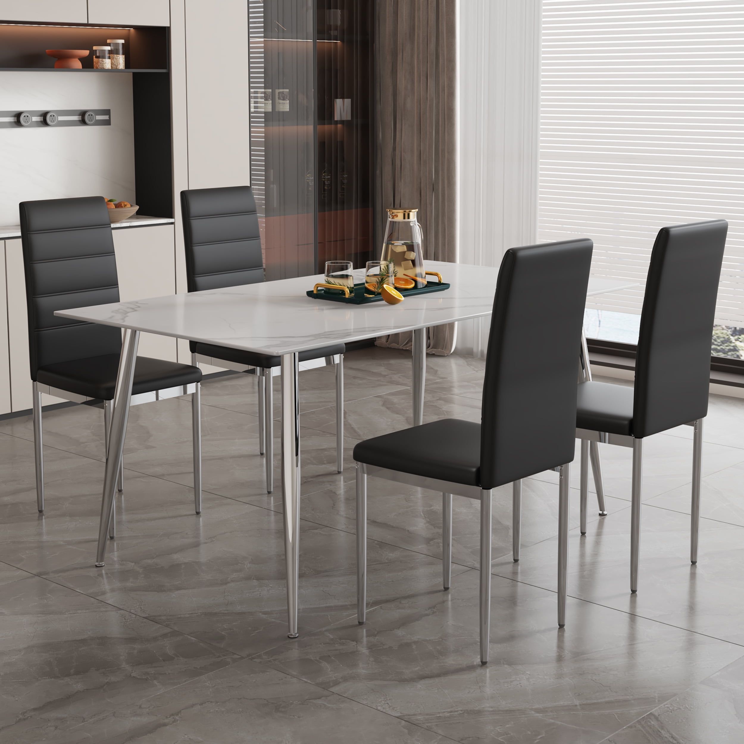 Table and chair set. 1 table with 4 black chairs. Rectangular dining ...