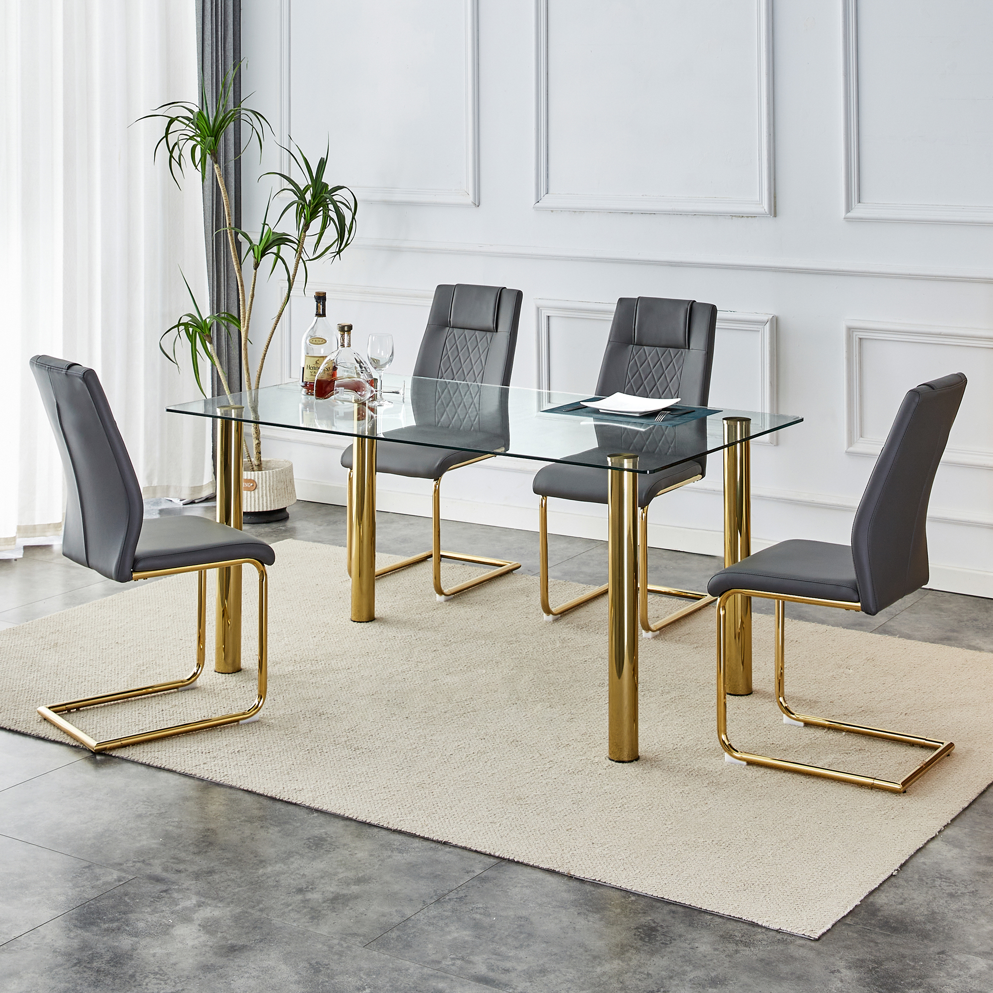 Table and chair set, 1 table with 4 grey chairs. Transparent tempered ...