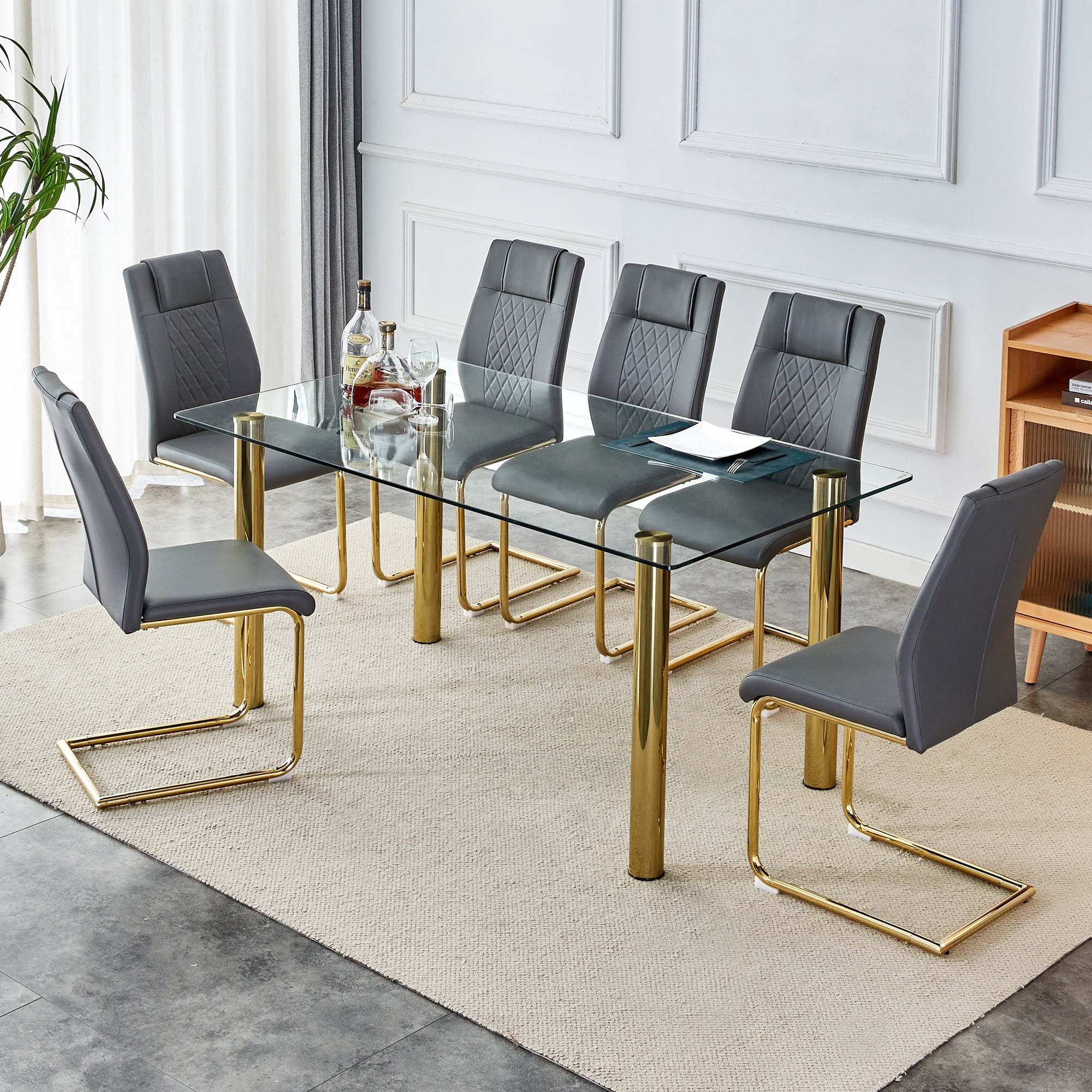 Table and chair set, 1 table with 6 grey chairs. Transparent tempered ...