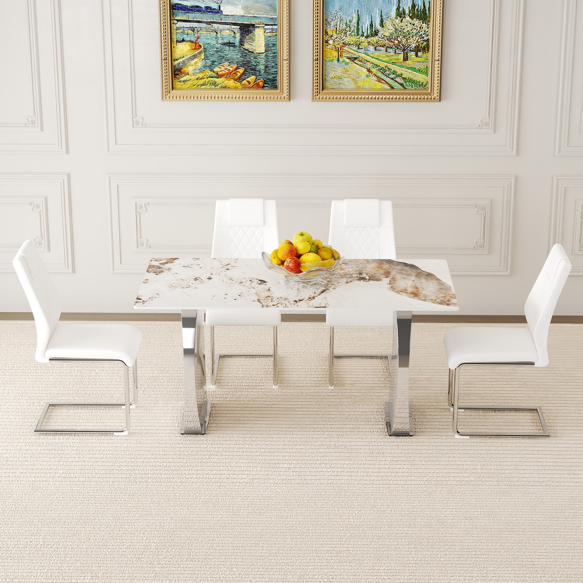 Table and chair set.63*31.4 Inch Pandora Patterned Sintered Stone Dining Table Set - 4 White ...