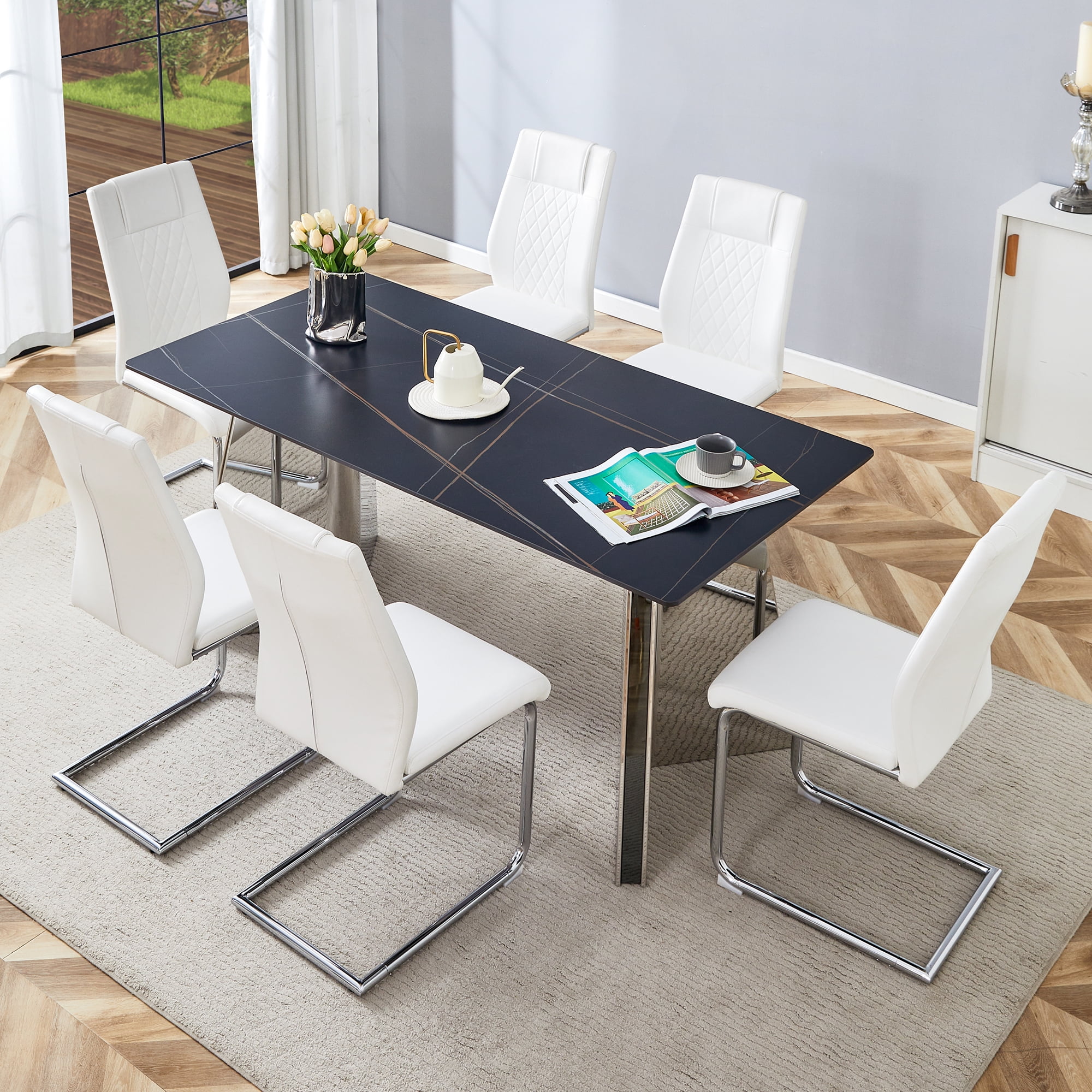 Table and chair set.63"x31.5x30" Black Marble-Patterned Slabs Tabletop ...
