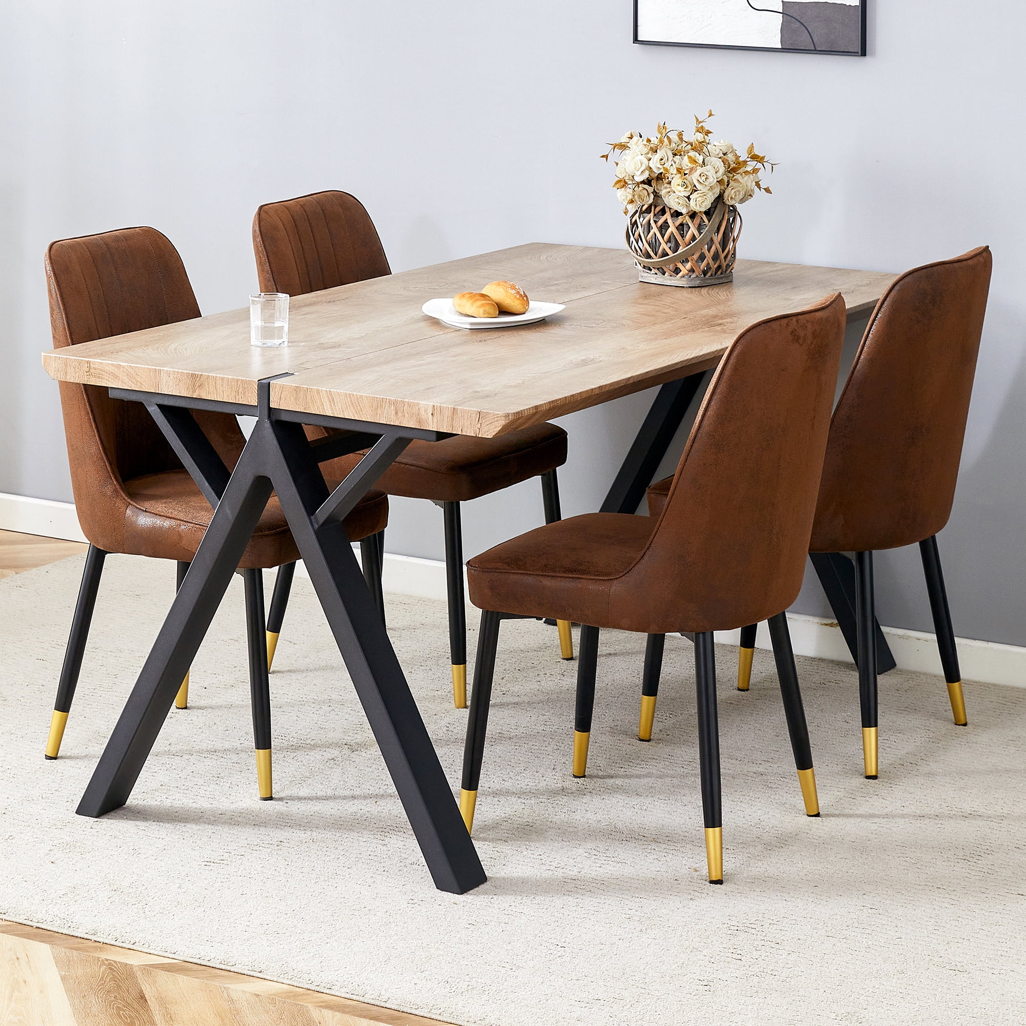 Table and chair set.63"x35.4" Wood-Textured MDF Dining Table with Black A-Frame Legs.Paired with ...