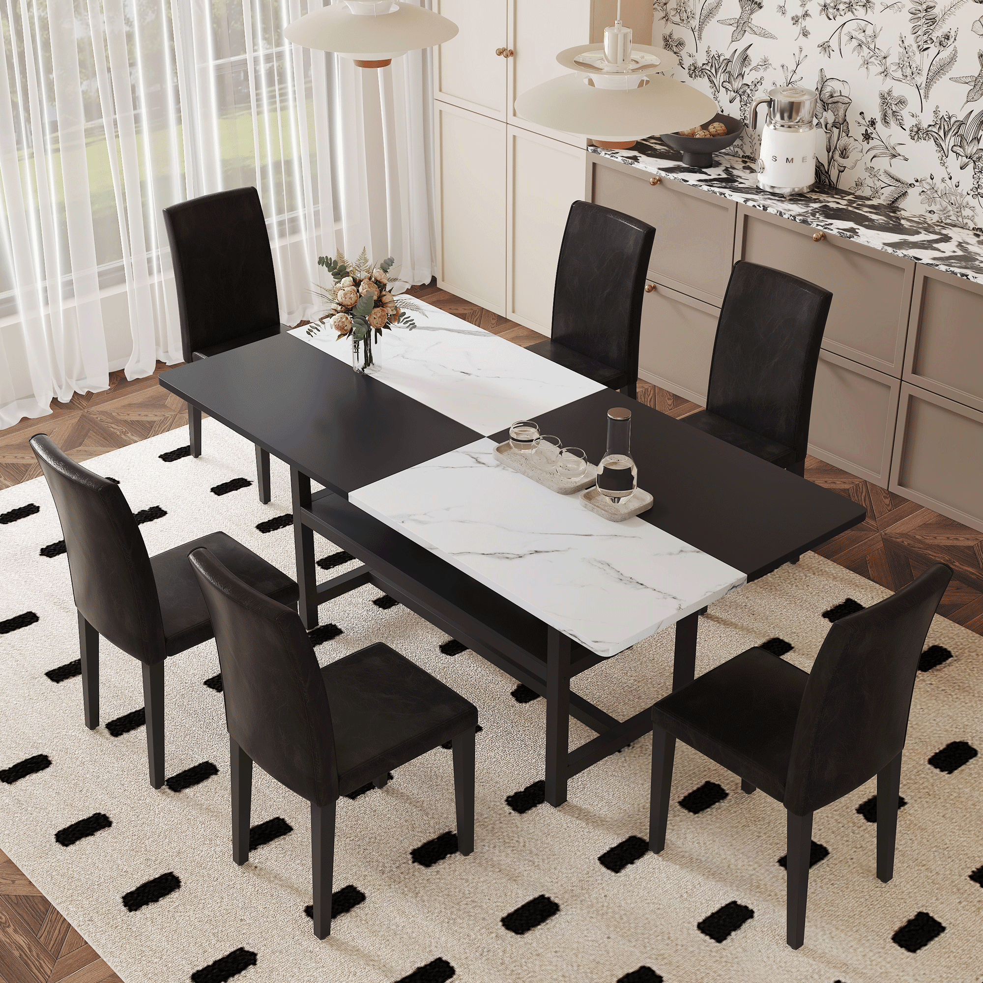 Table and chair set.71*35.4 inch White And Black Spliced Dining Table With Storage Function In ...