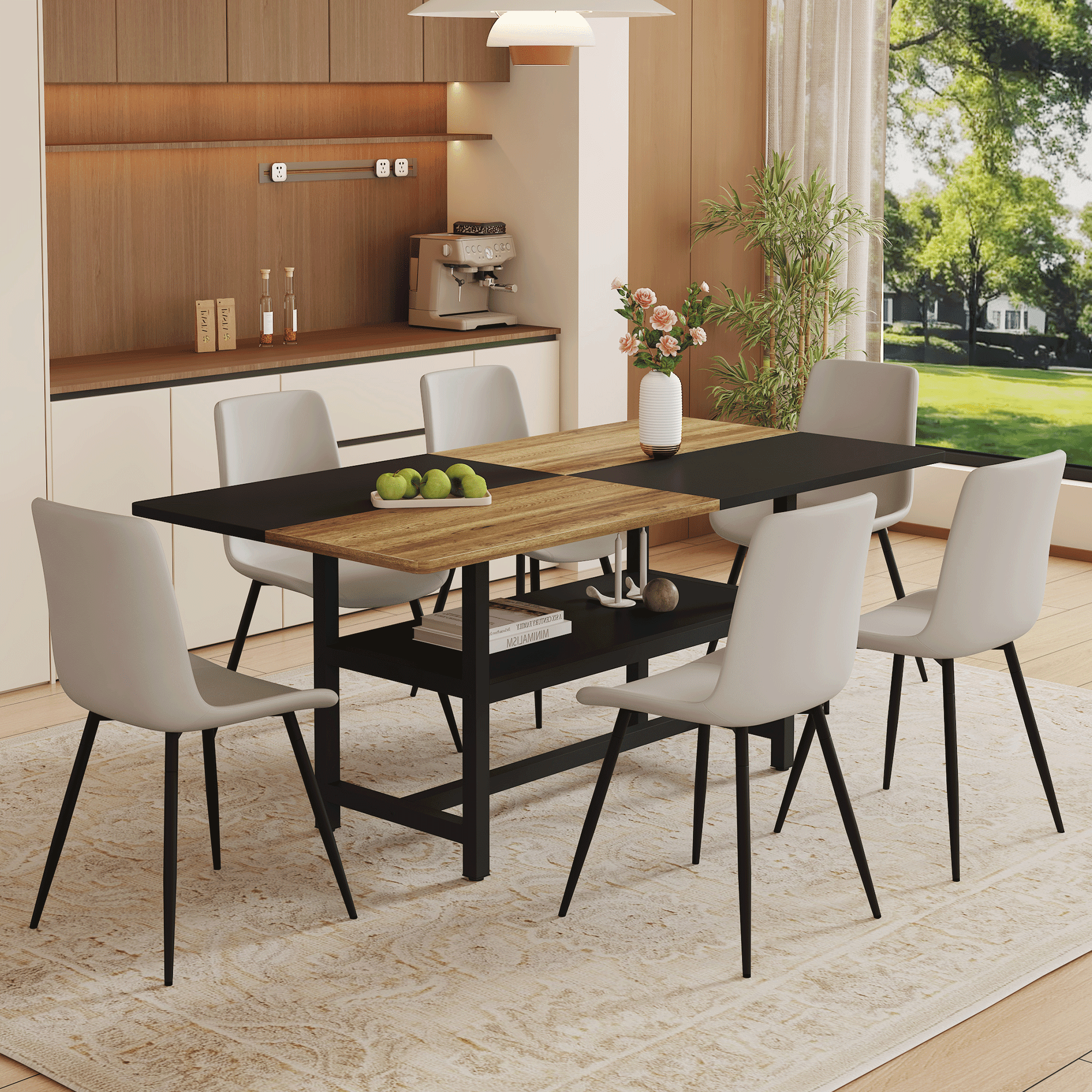 Table and chair set.71*35.4 inch Wooden And Black Spliced Dining Table ...