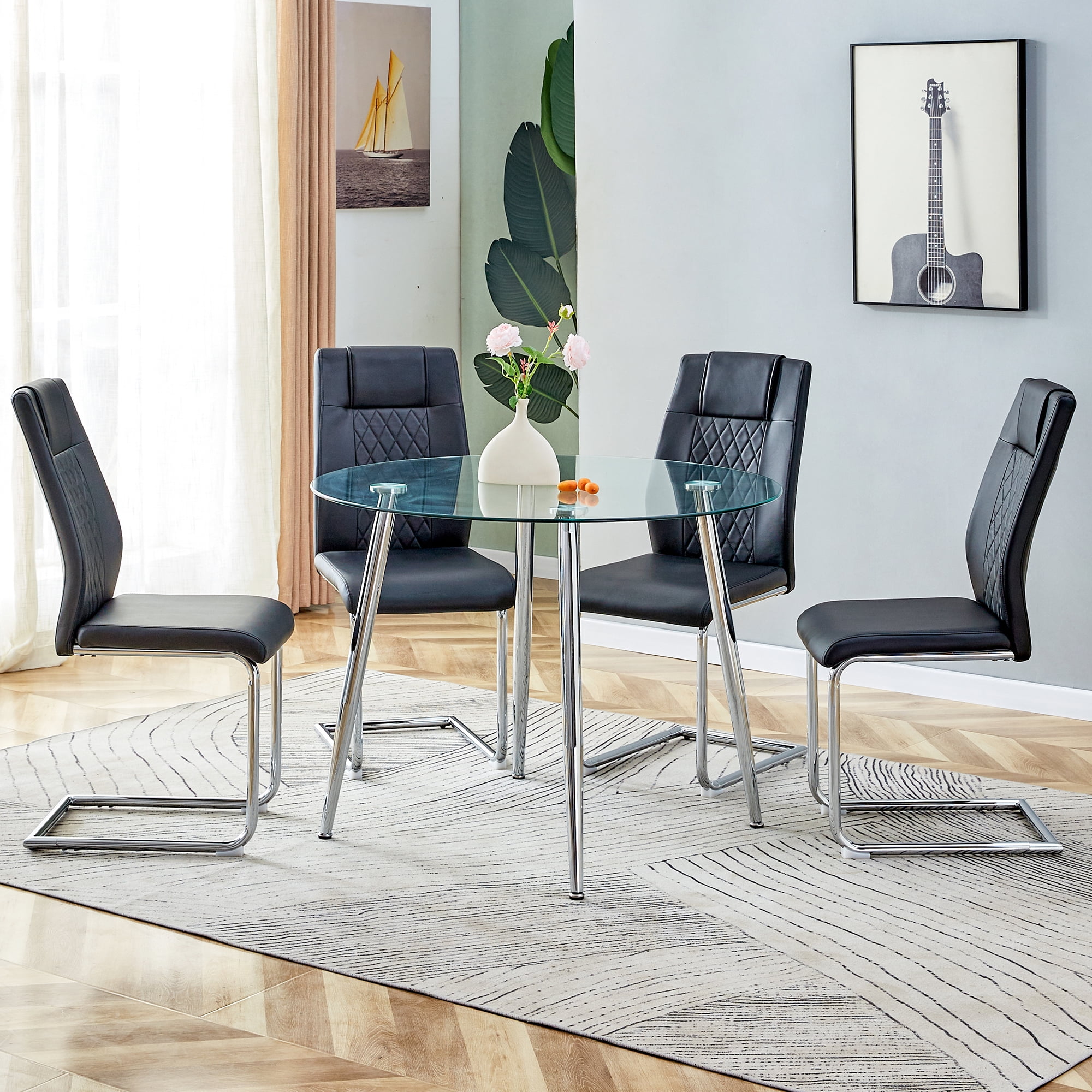 Table and chair set.A 38.6" Diameter Transparent Tempered Glass Round ...