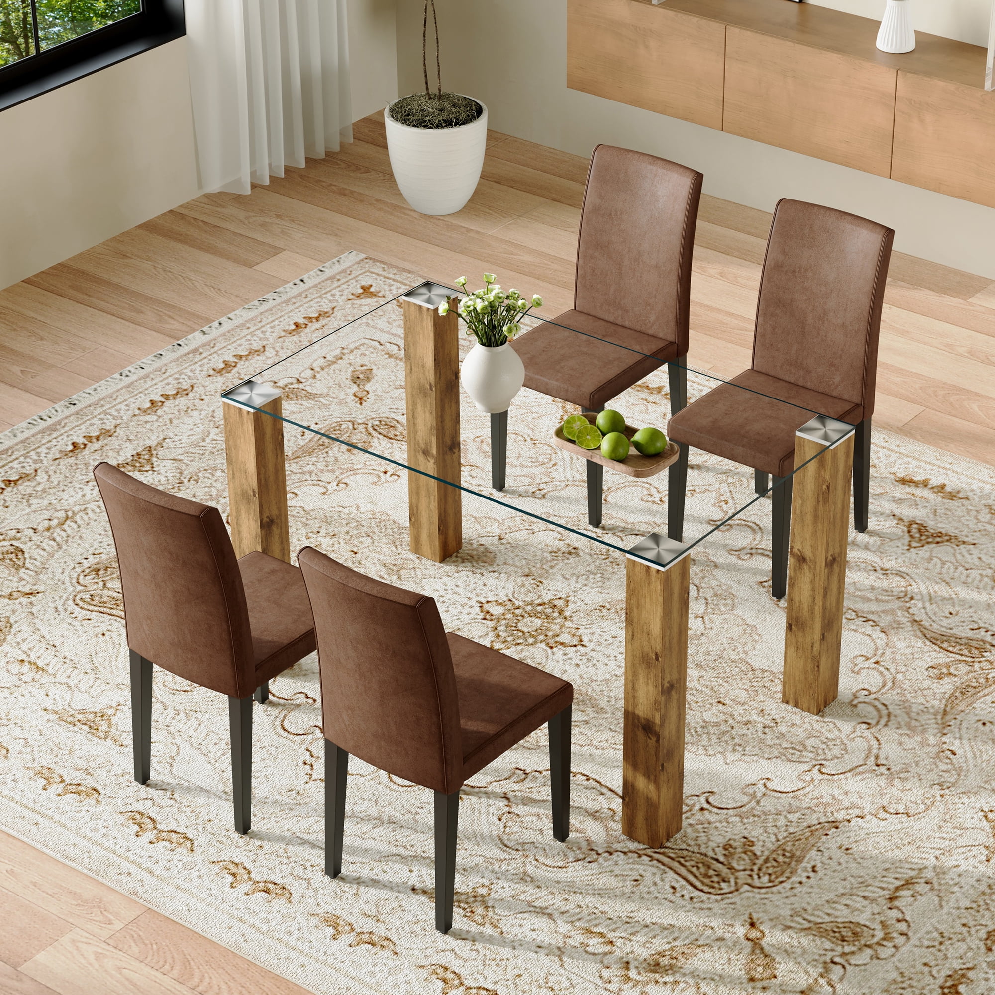 Table and chair set.A 49.6*30 Inch Transparent Tempered Glass Dining Table With Natural Wood ...