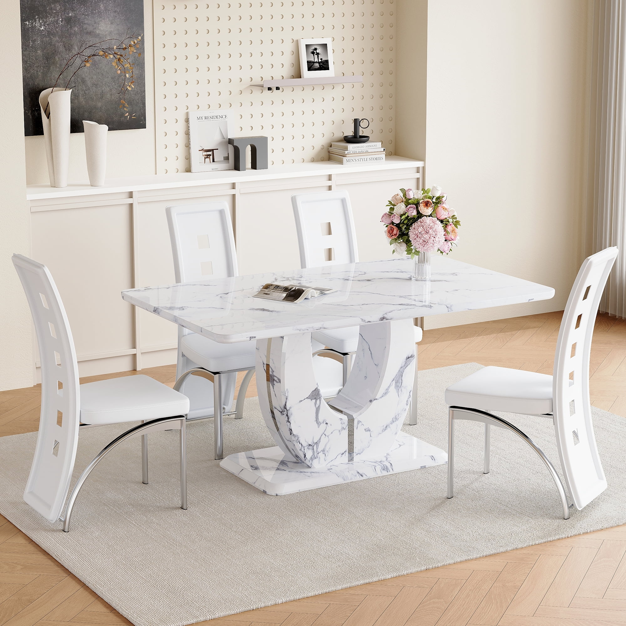 Table and chair set.Modern Luxury Grayish White Marble Patterned Dining ...