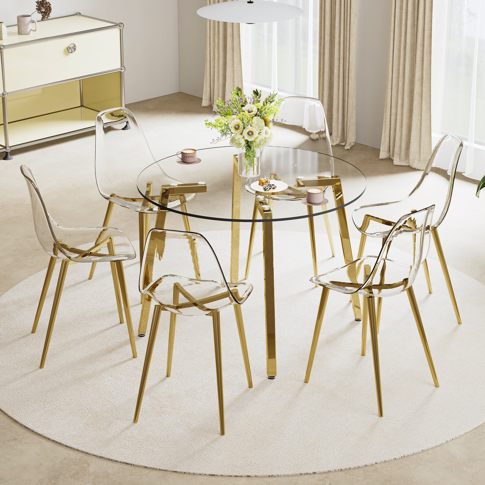 Table and chair set.Modern circular transparent tempered glass table ...
