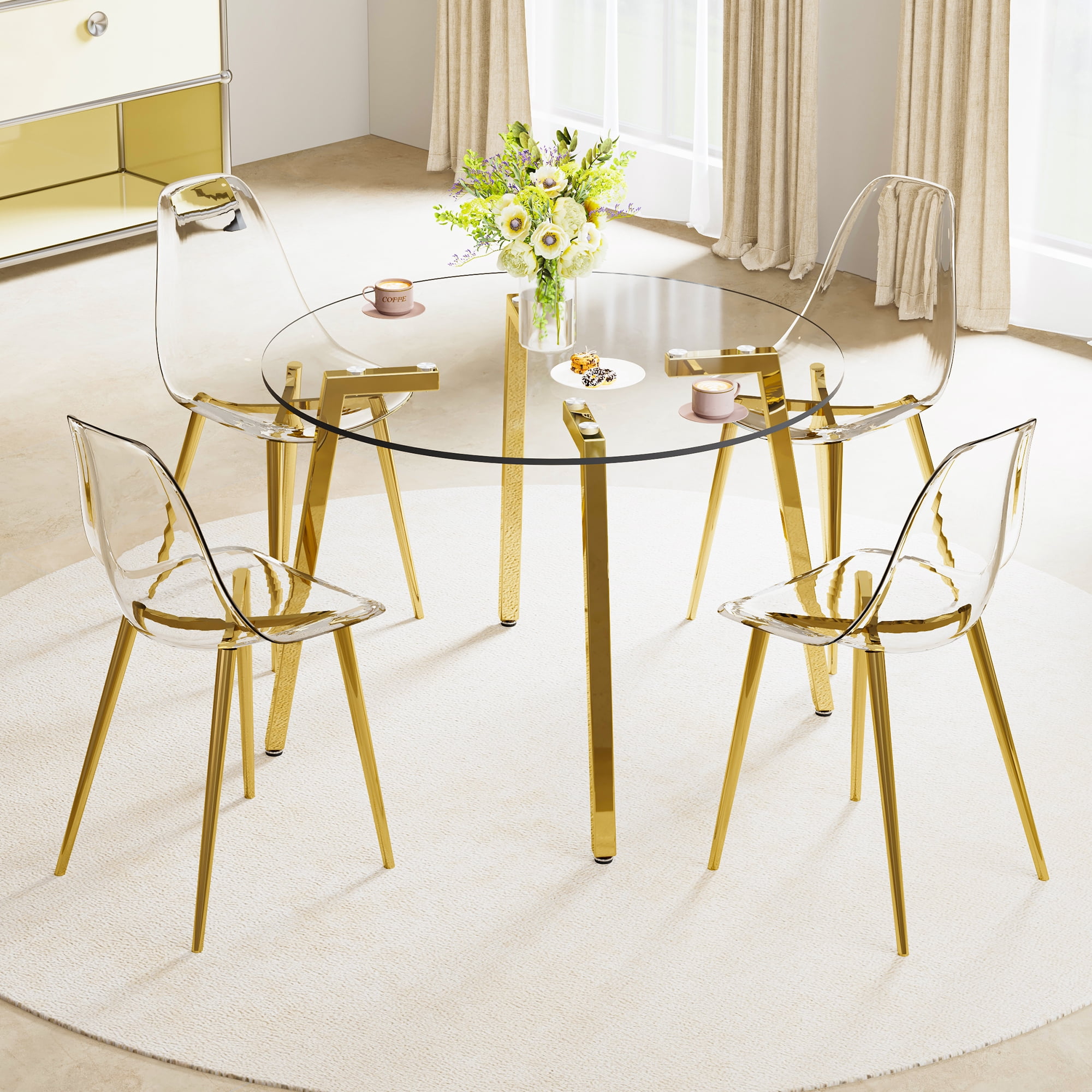 Table and chair set.Modern circular transparent tempered glass table ...