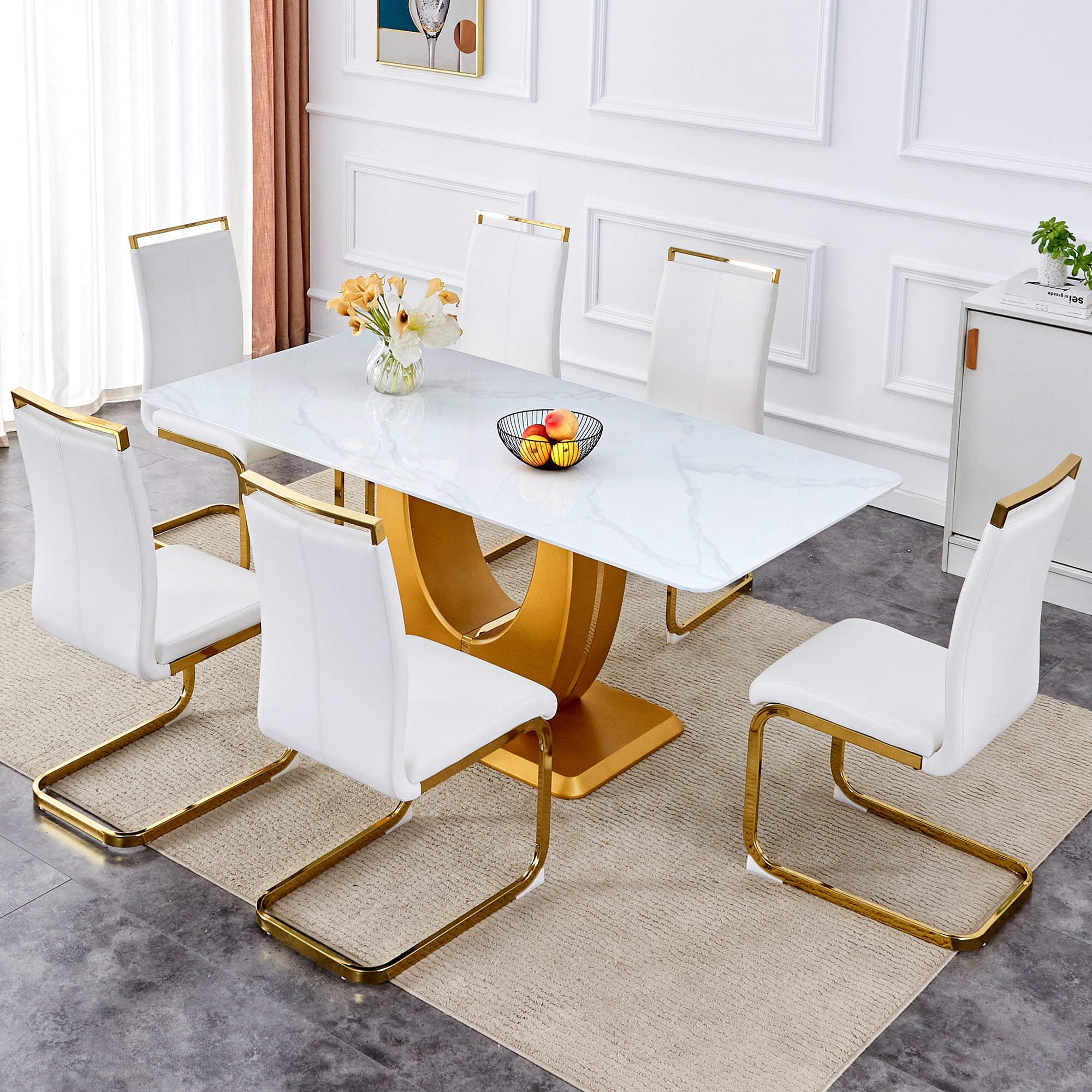 Table and chair set, modern minimalism and luxurious white rectangular ...