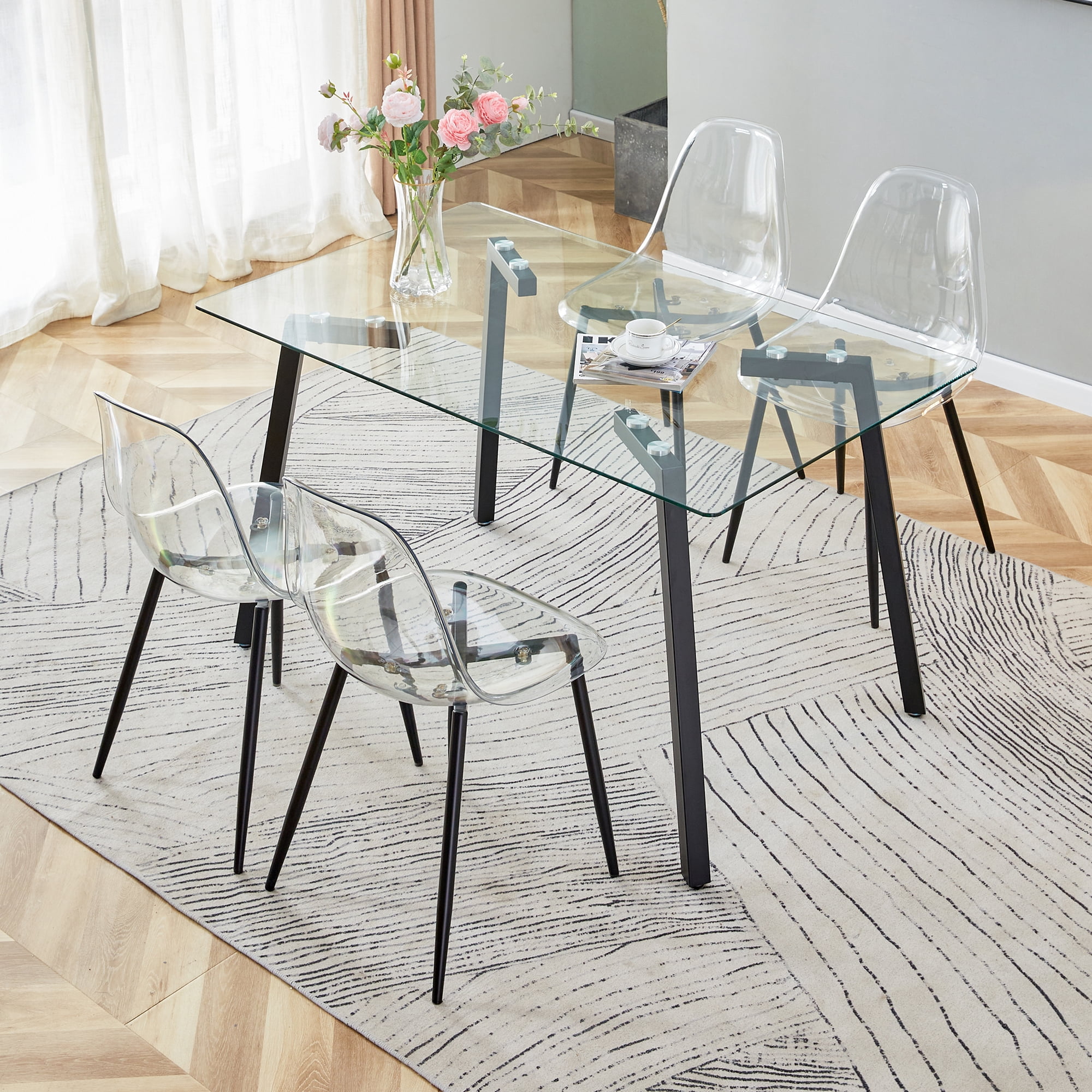 Table and chair set, transparent glass tabletop and black metal table ...