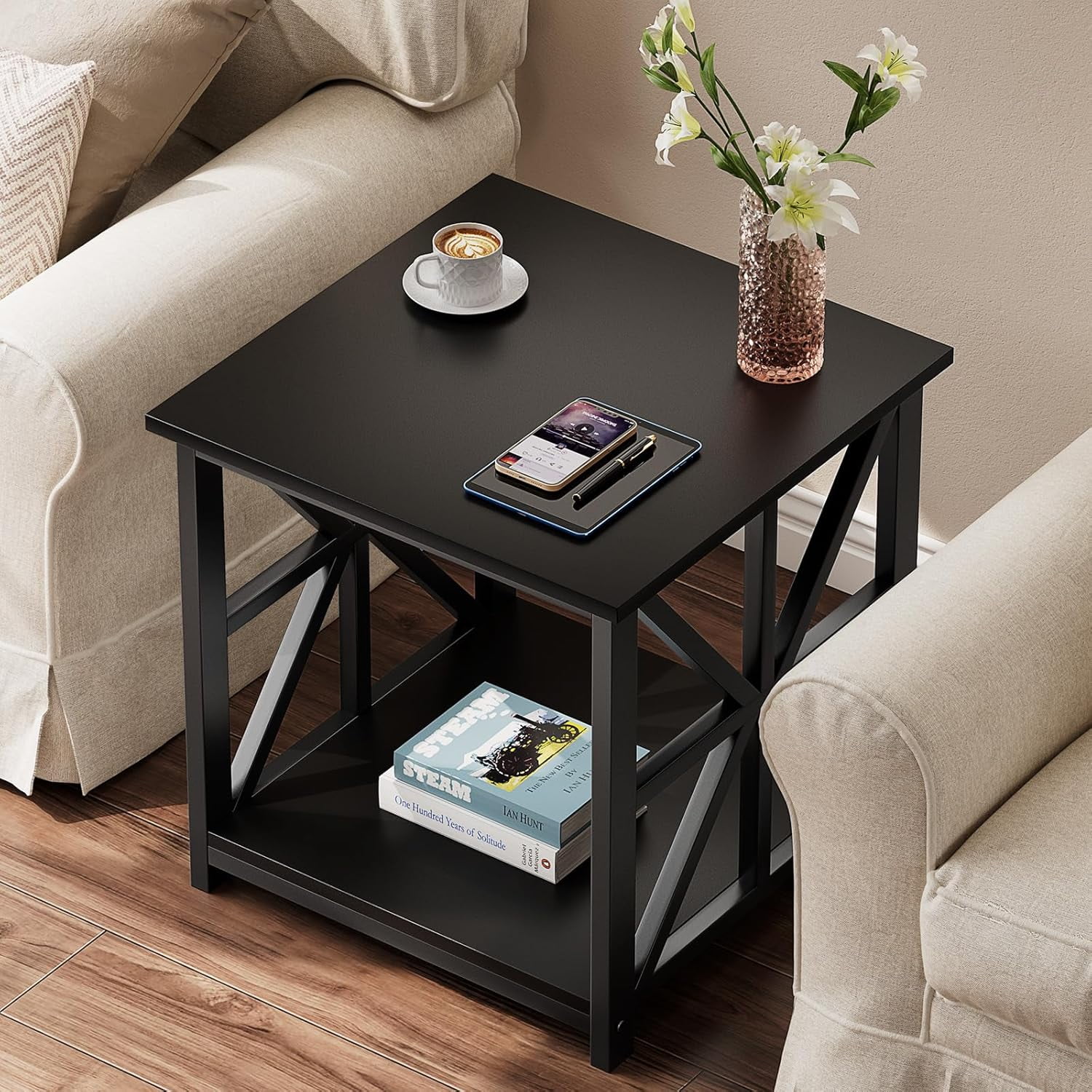 Table with 2-Tier Storage Shelf, 24 inch Side Table for Living Room ...