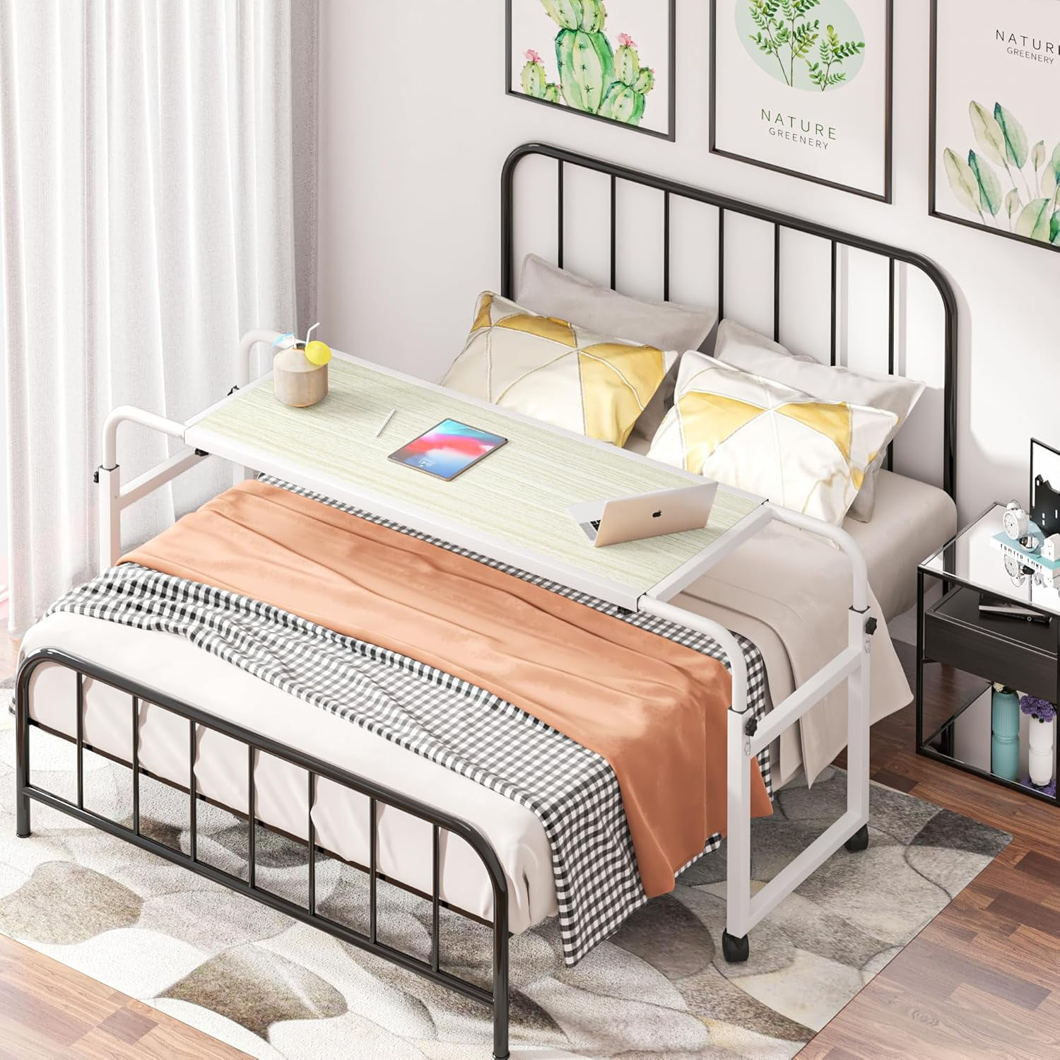 Table with Wheels,Rolling Desk Over Bed Adjustable Height,Mobile ...