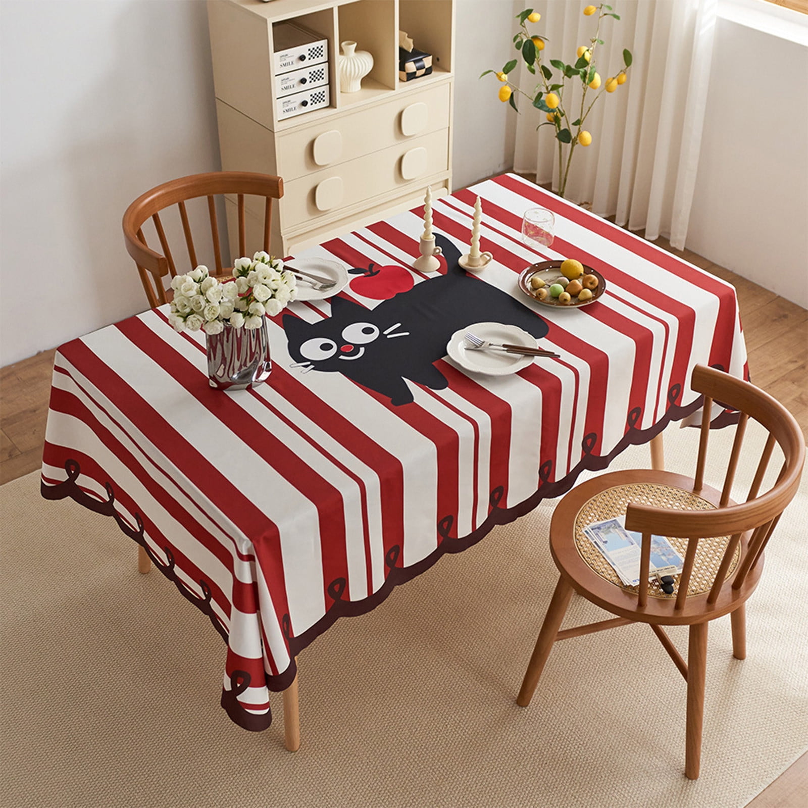 Tablecloth 31"*47" Red and Cream Stripes, Black Cat Pattern Candy Cane ...