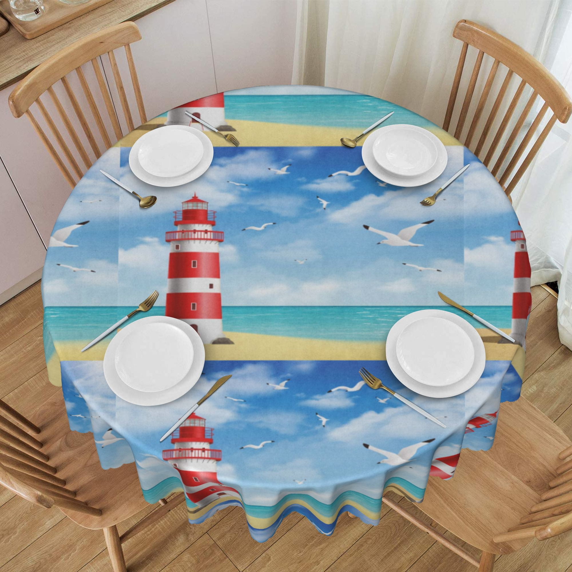 Tablecloth Beach, Realistic Illustration Lighthouse Table Cloth For ...