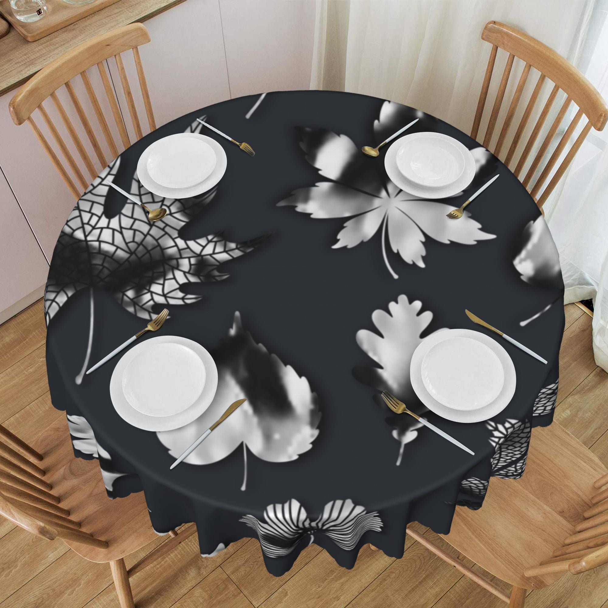 Tablecloth Black And White Leaves Pattern Table Cloth For Circular ...