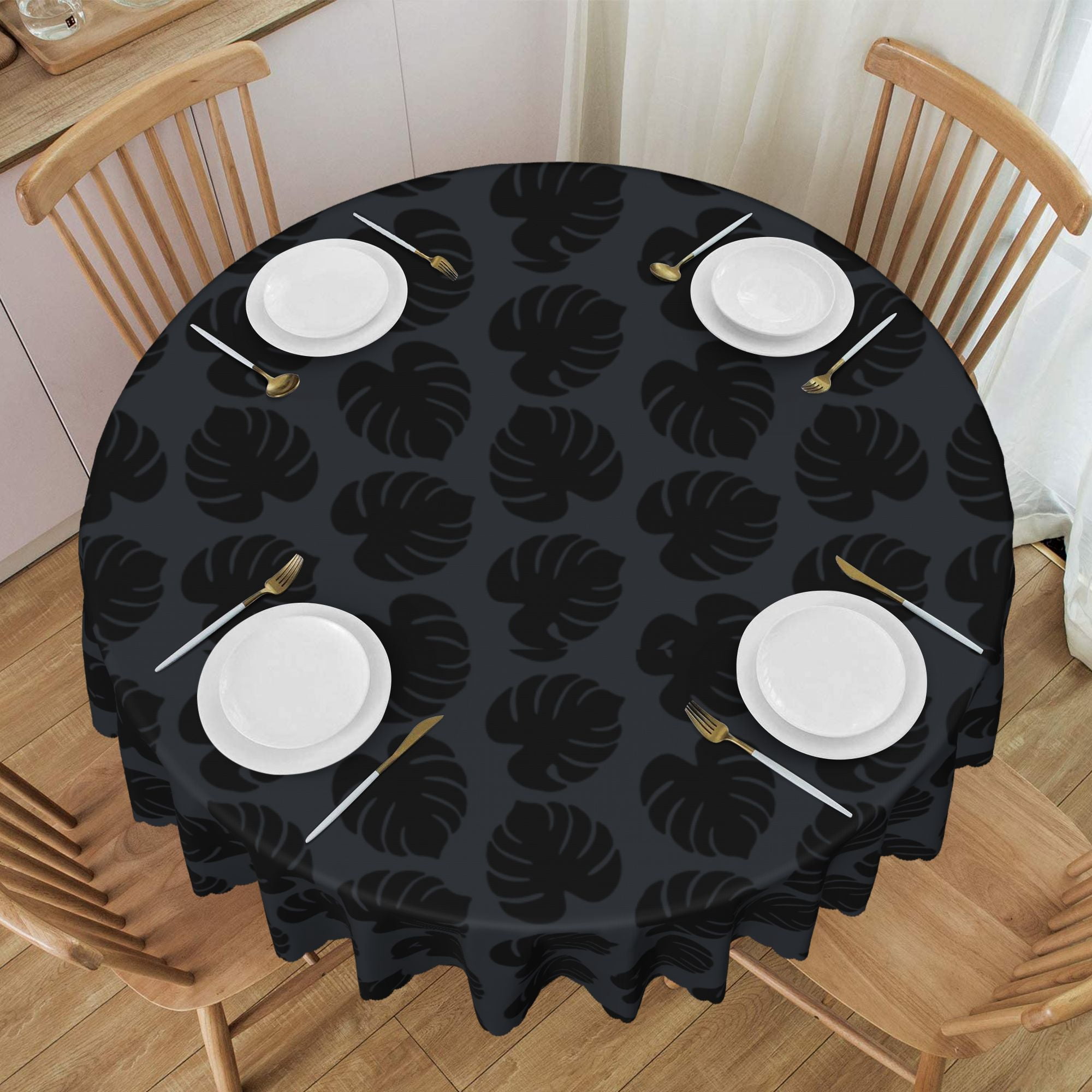 Tablecloth Black Tropical Leaves Pattern Table Cloth For Circular ...