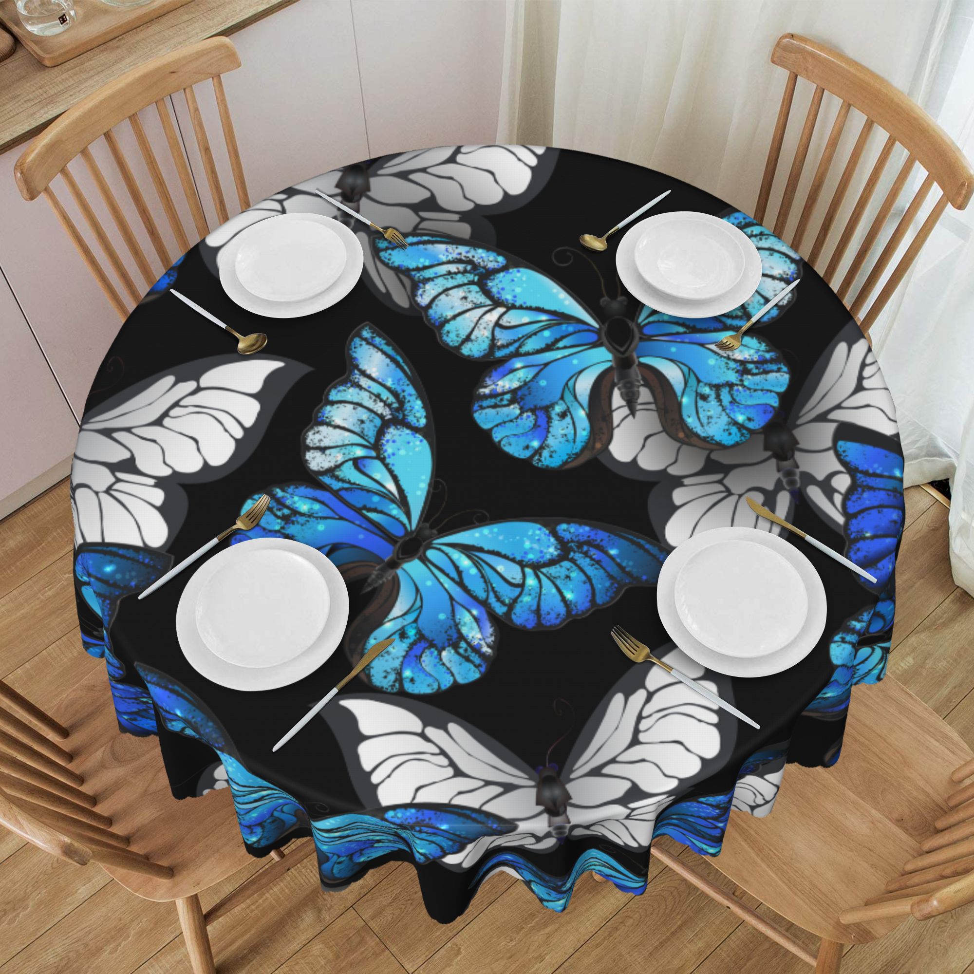 Tablecloth Blue Butterflies Table Cloth For Circular Tables Waterproof ...