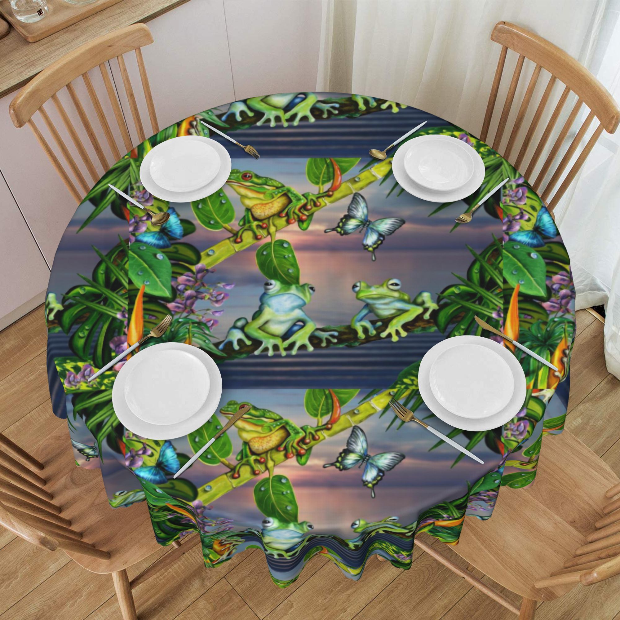 Tablecloth Cartoon Butterfly Frog Green Leaves Table Cloth For Circular Tables Waterproof ...