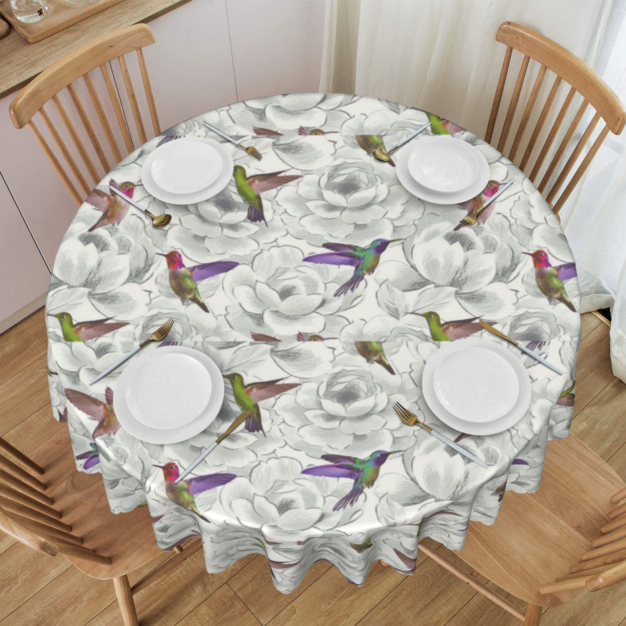 Tablecloth Floral Birds Hummingbird Table Cloth For Circular Tables ...