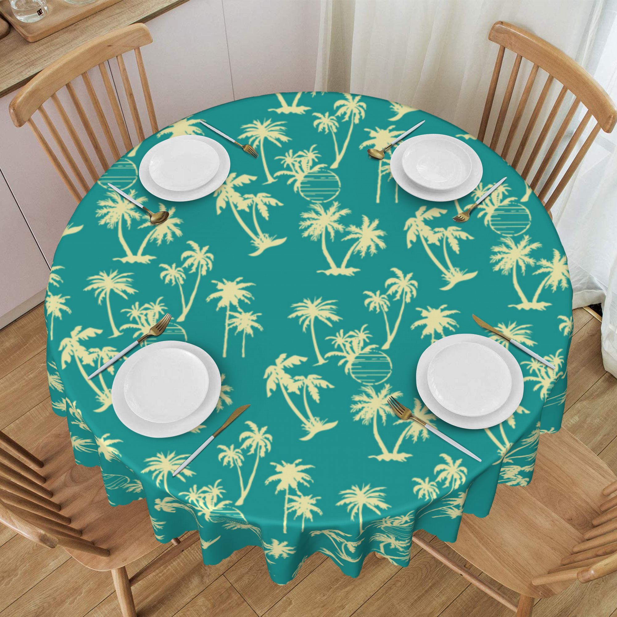 Tablecloth Hawaiian Palm Tree Tropical Teal Table Cloth For Circular ...
