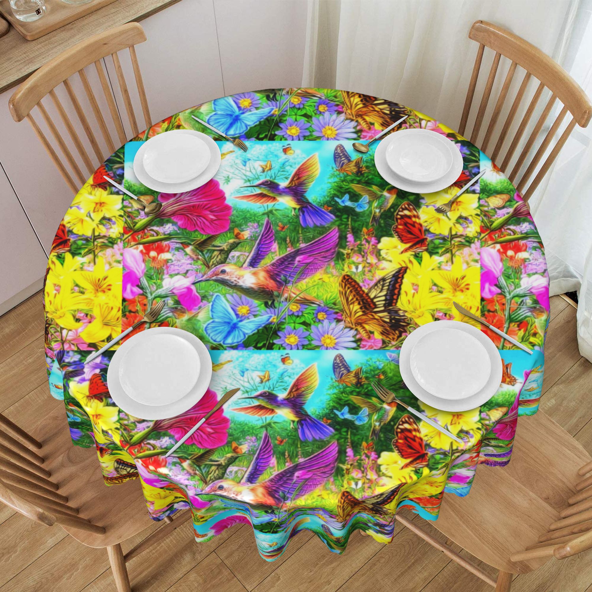 Tablecloth Hummingbirds And Butterflies Table Cloth For Circular Tables ...