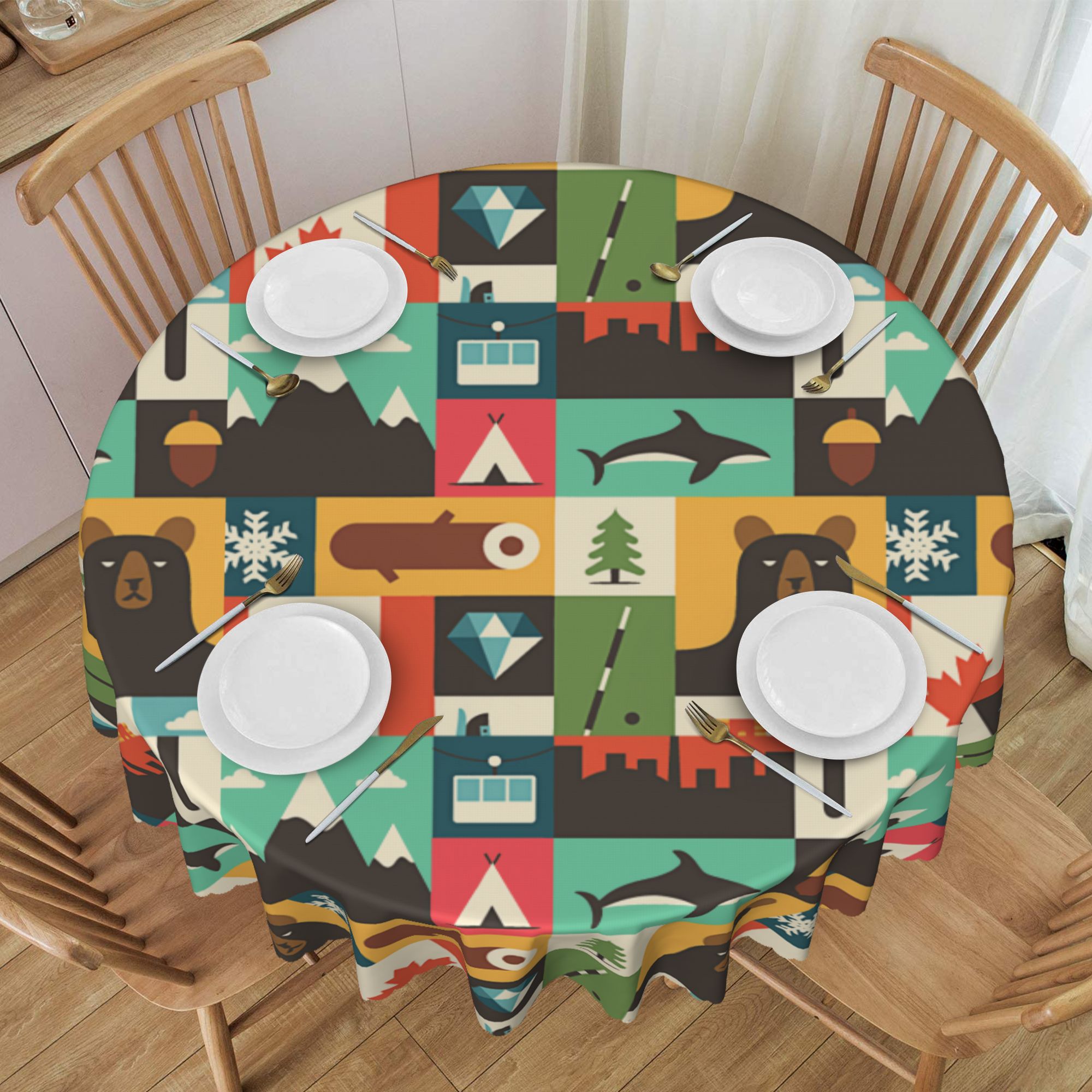 Tablecloth Landscape Mountain Camping Fish Winter Wood Forest Bear Tree ...