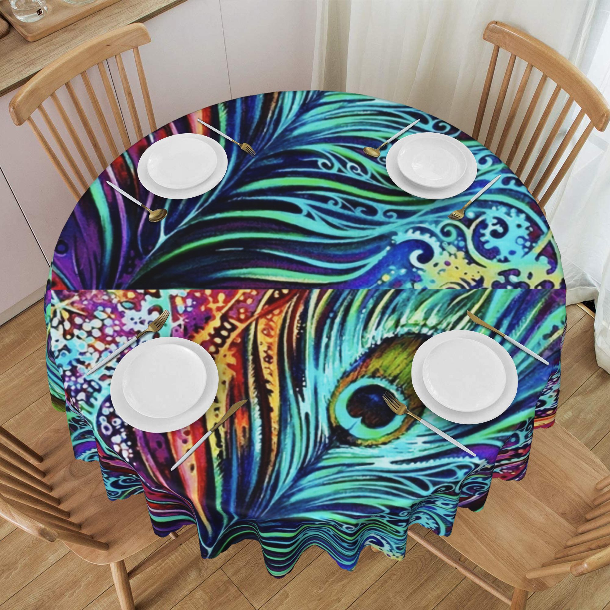 Tablecloth Multicolor Peacock Feather Art Table Cloth For Circular ...