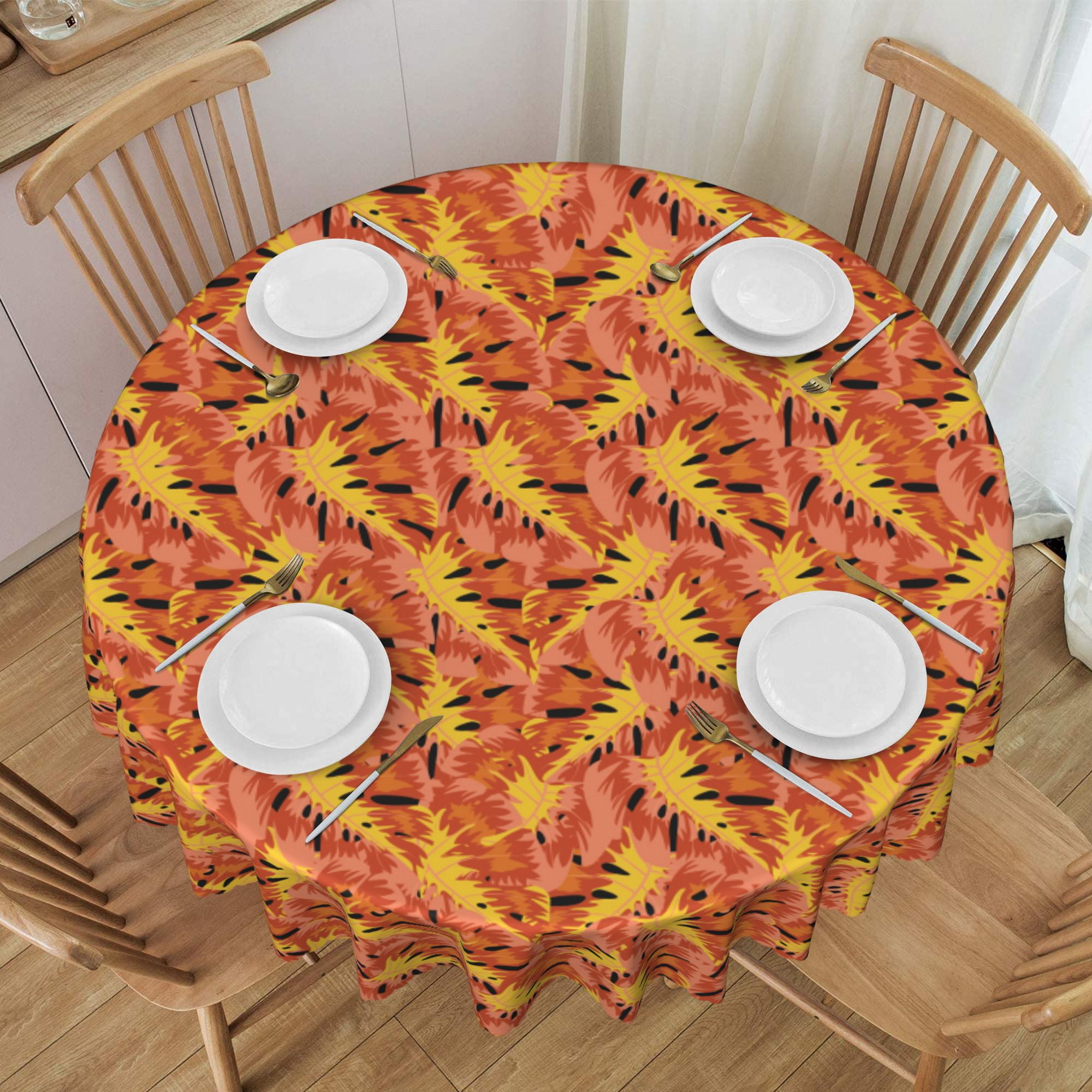 Tablecloth Orange Tropical Leaves Background Table Cloth For Circular ...