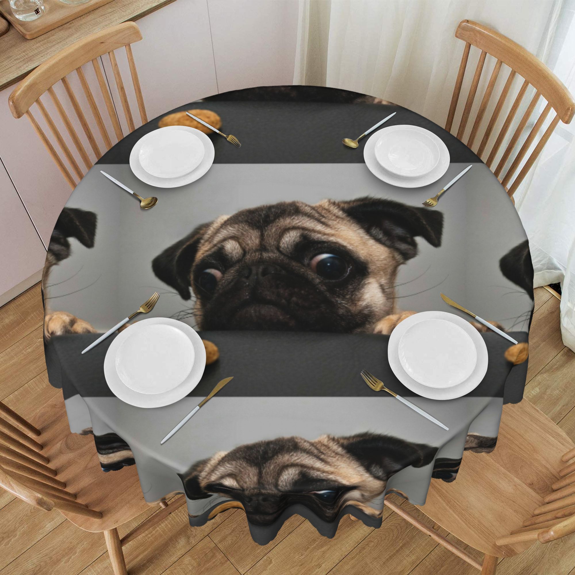 Tablecloth Pug Dog Sad Look At Biscuits Table Cloth For Circular Tables ...
