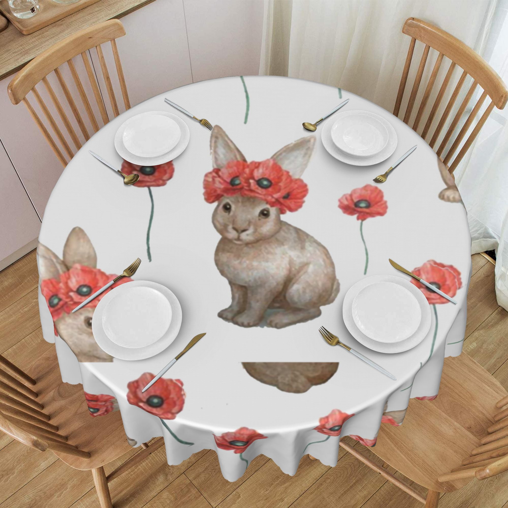 Tablecloth Rabbit And Poppy Flowers Table Cloth For Circular Tables ...