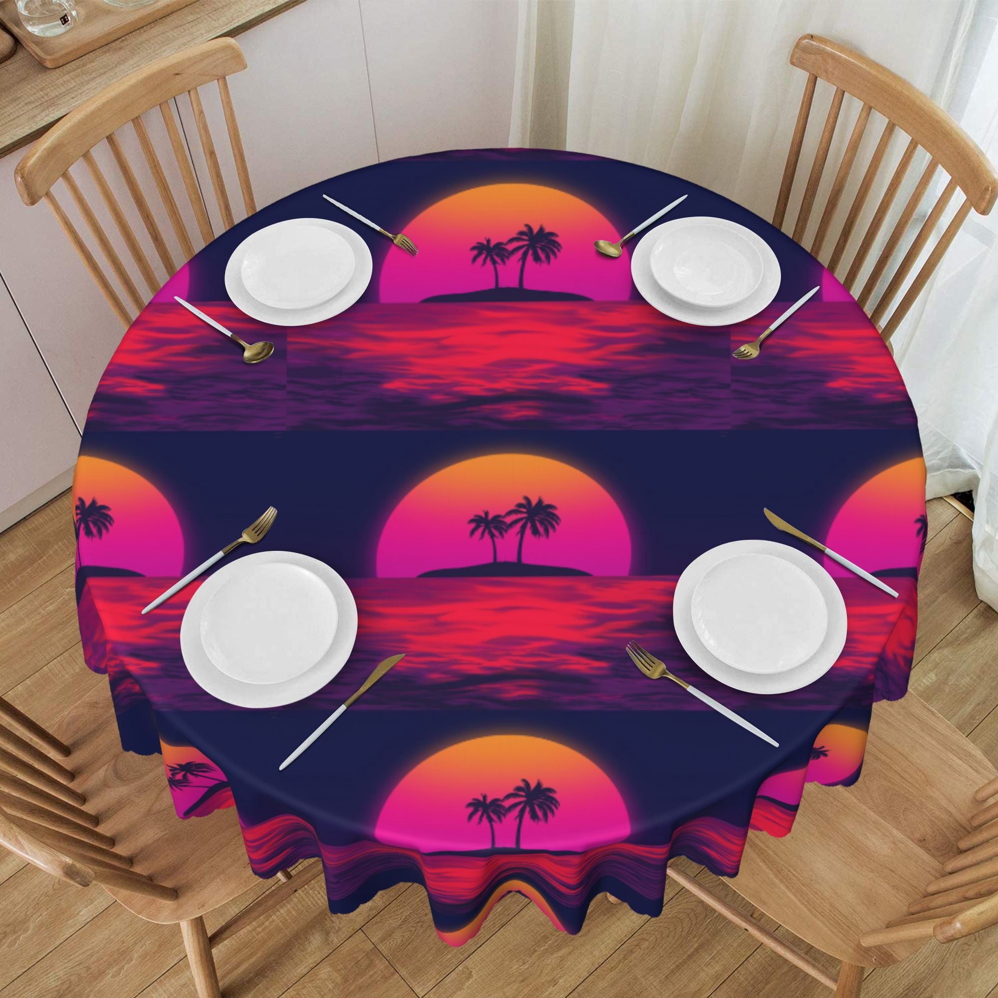 Tablecloth Retro Sunset Palm Tree Table Cloth For Circular Tables ...