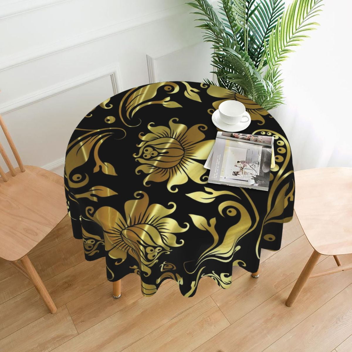 Tablecloth Shiny Gold Baroque Table Cloth Black Floral Damasks Table ...