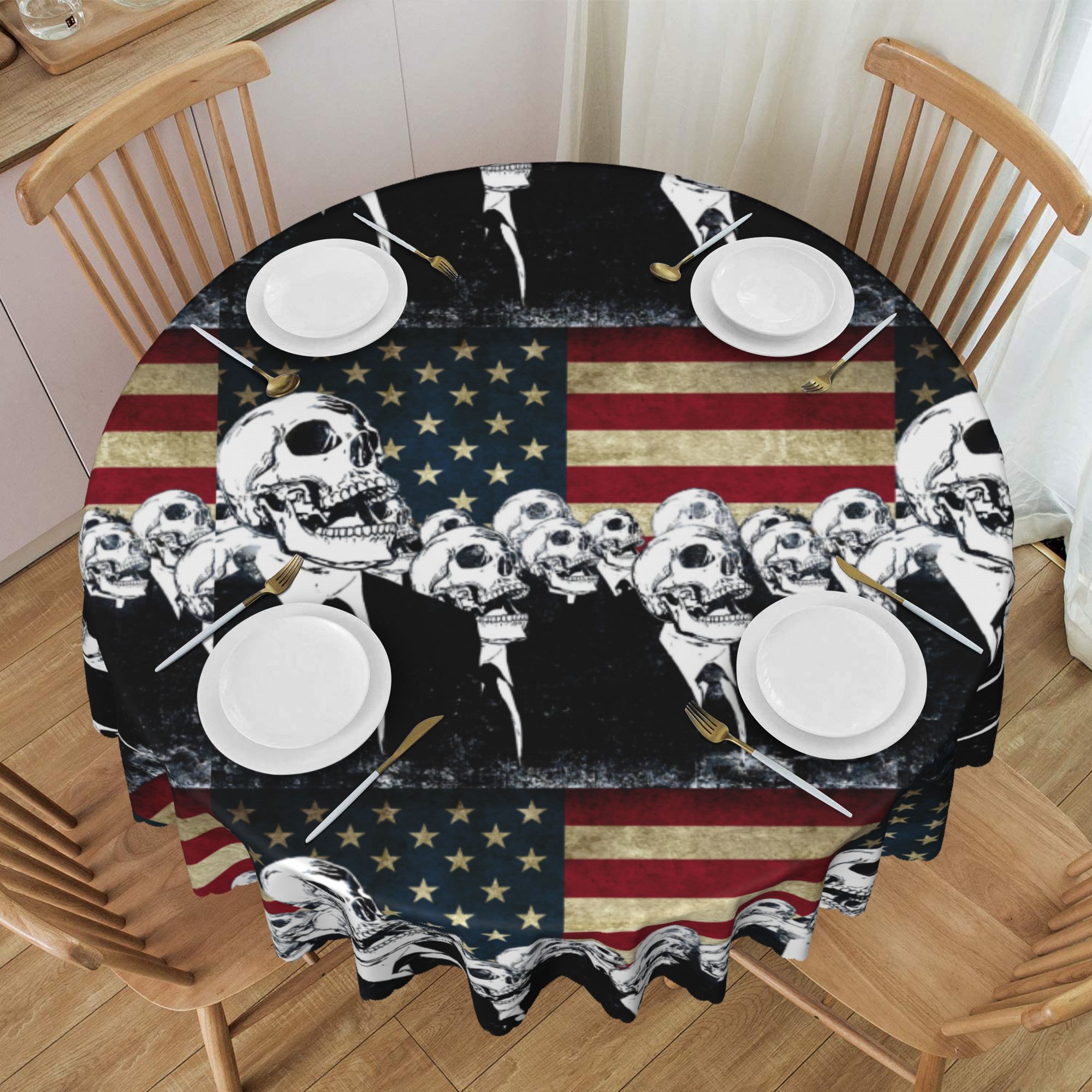 Tablecloth Skeleton Skull On Usa Flag Table Cloth For Circular Tables ...