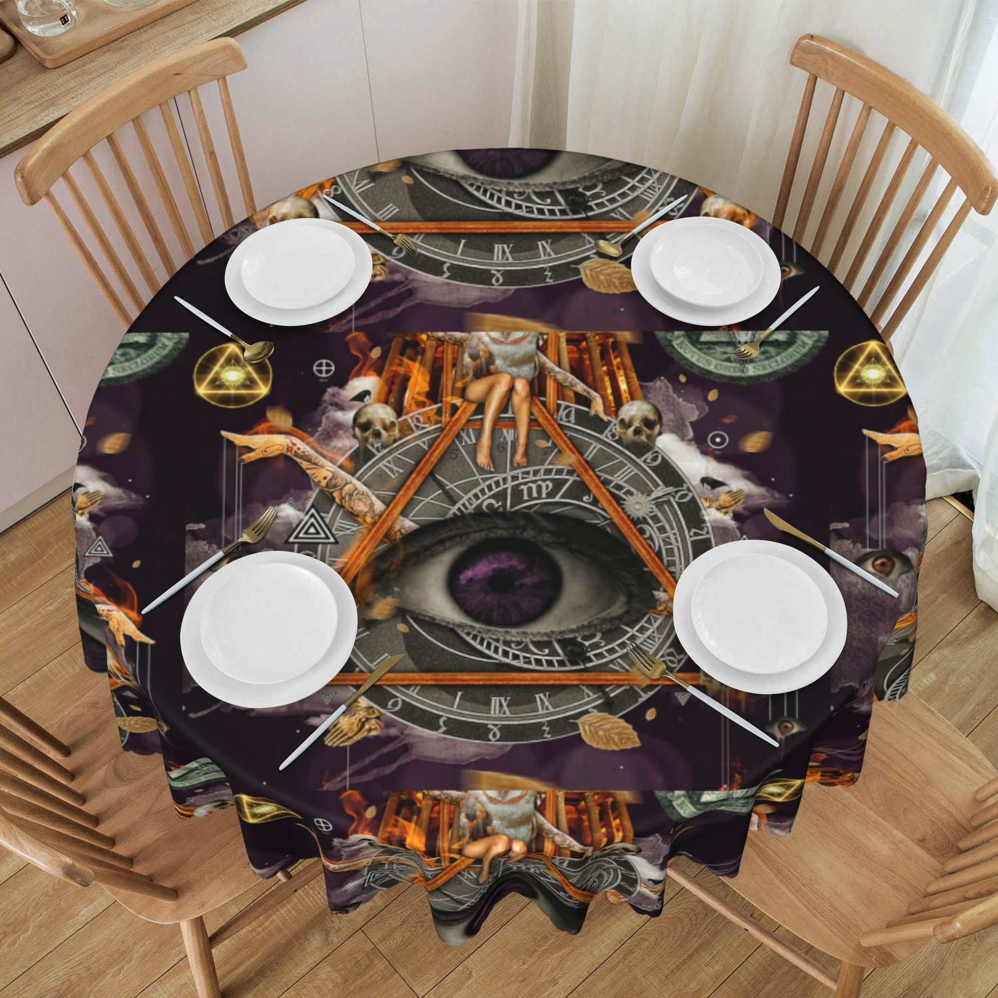 Tablecloth Trippy Eyes Skull Skeleton Owl Table Cloth For Circular ...