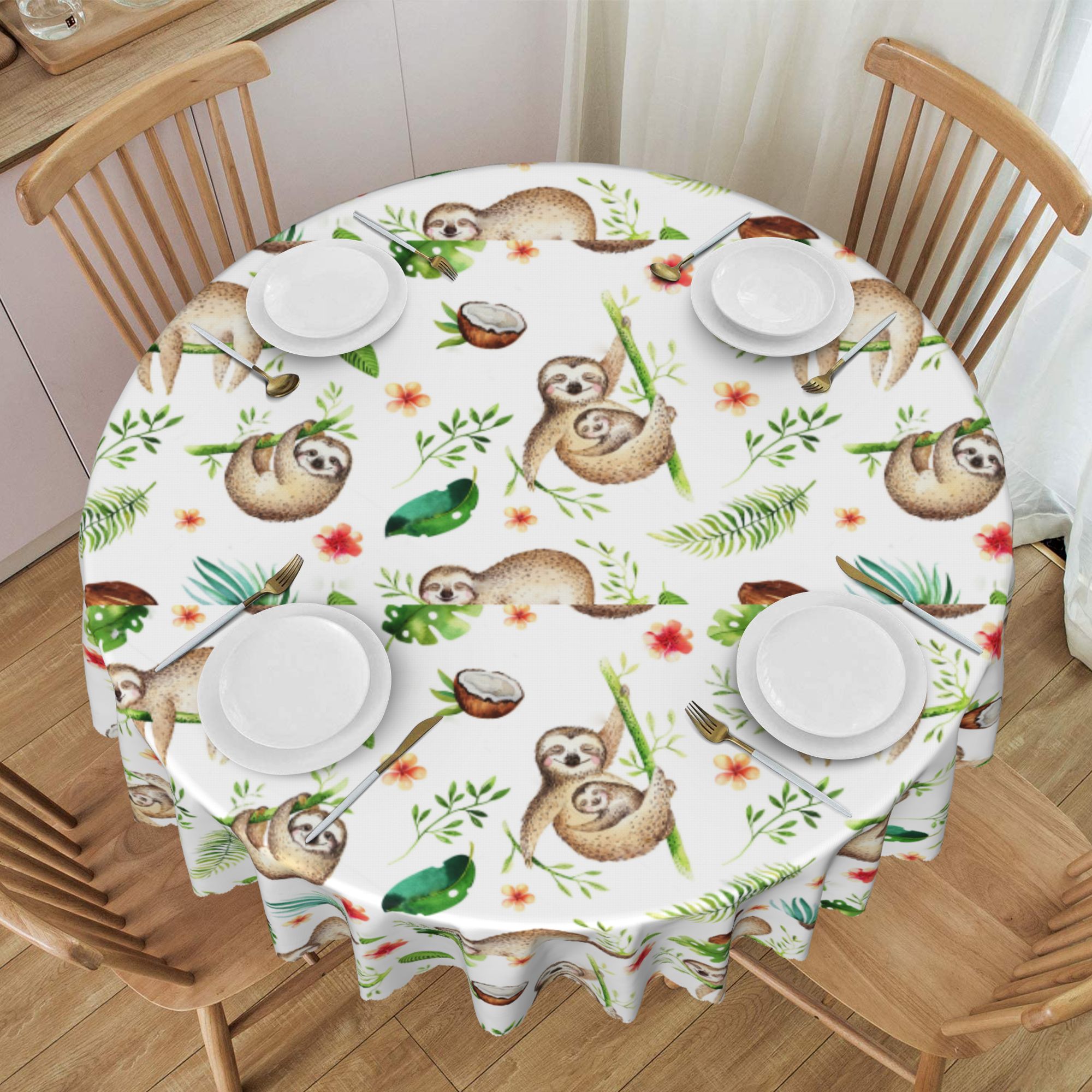 Tablecloth Tropical Leaves Sloth Table Cloth For Circular Tables ...