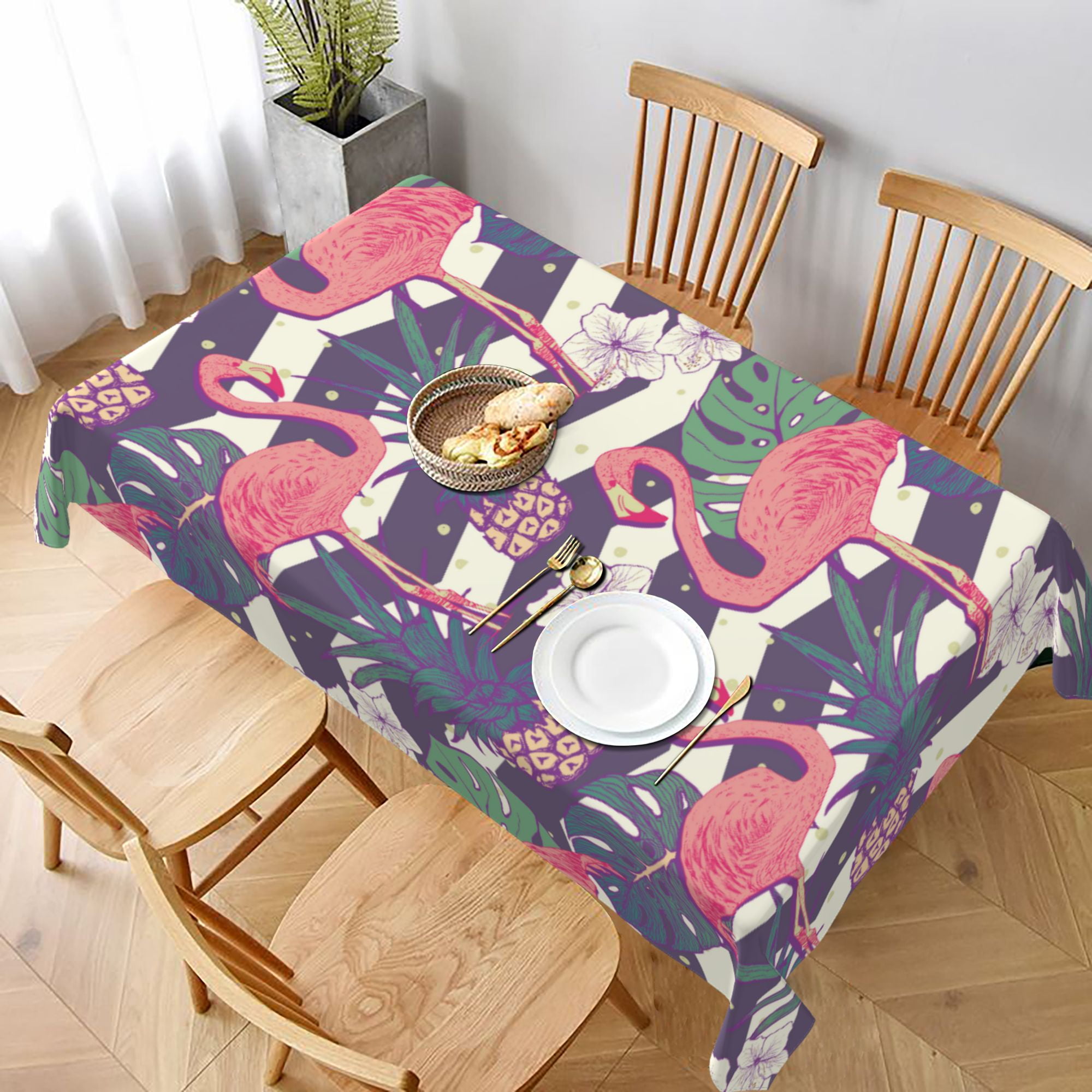 Tablecloth Tropical Palm Tree Banana Leaves Pink Flamingo Table Cloth For Rectangle Tables ...
