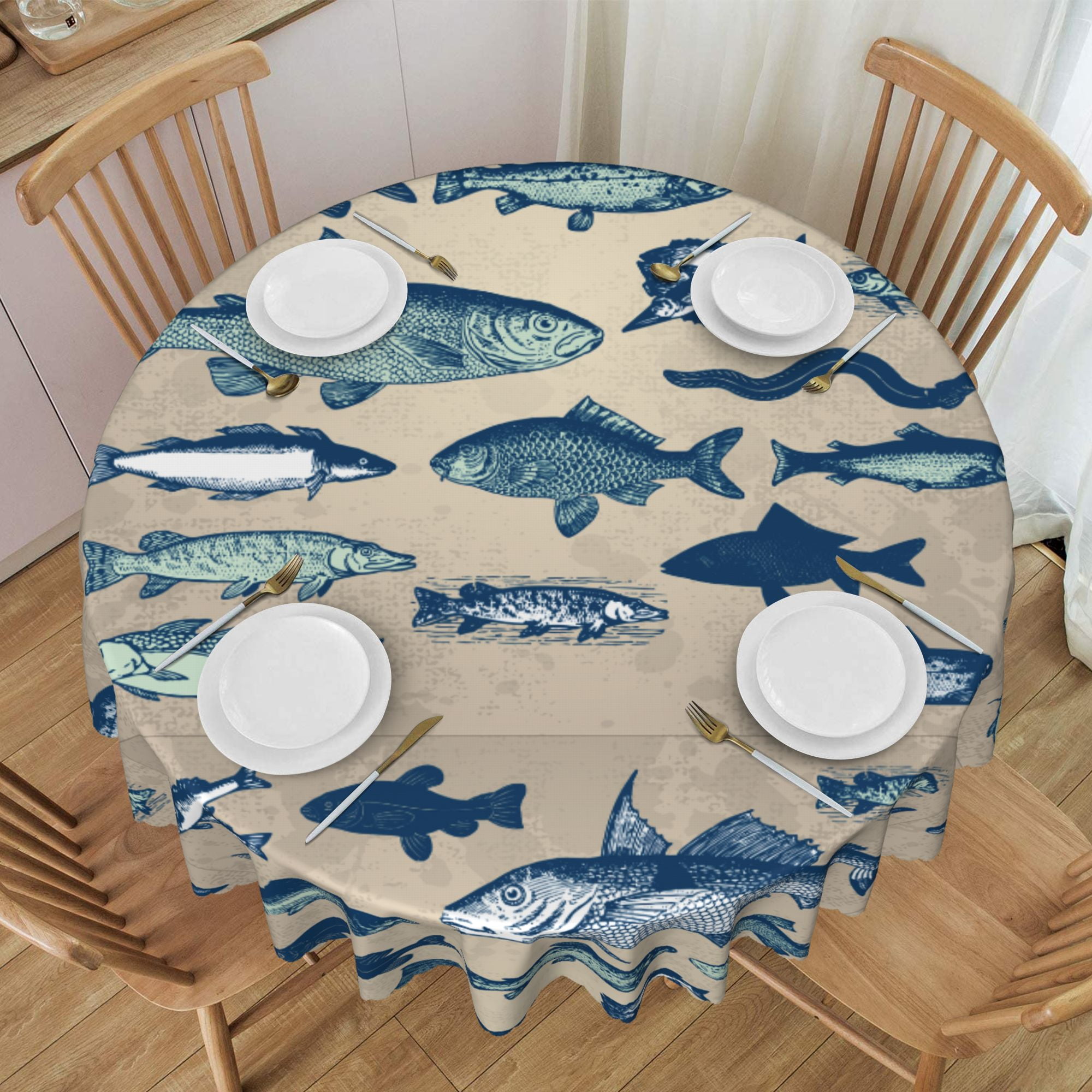 Tablecloth Vintage Fish Drawing Animals Wildlife Table Cloth For ...