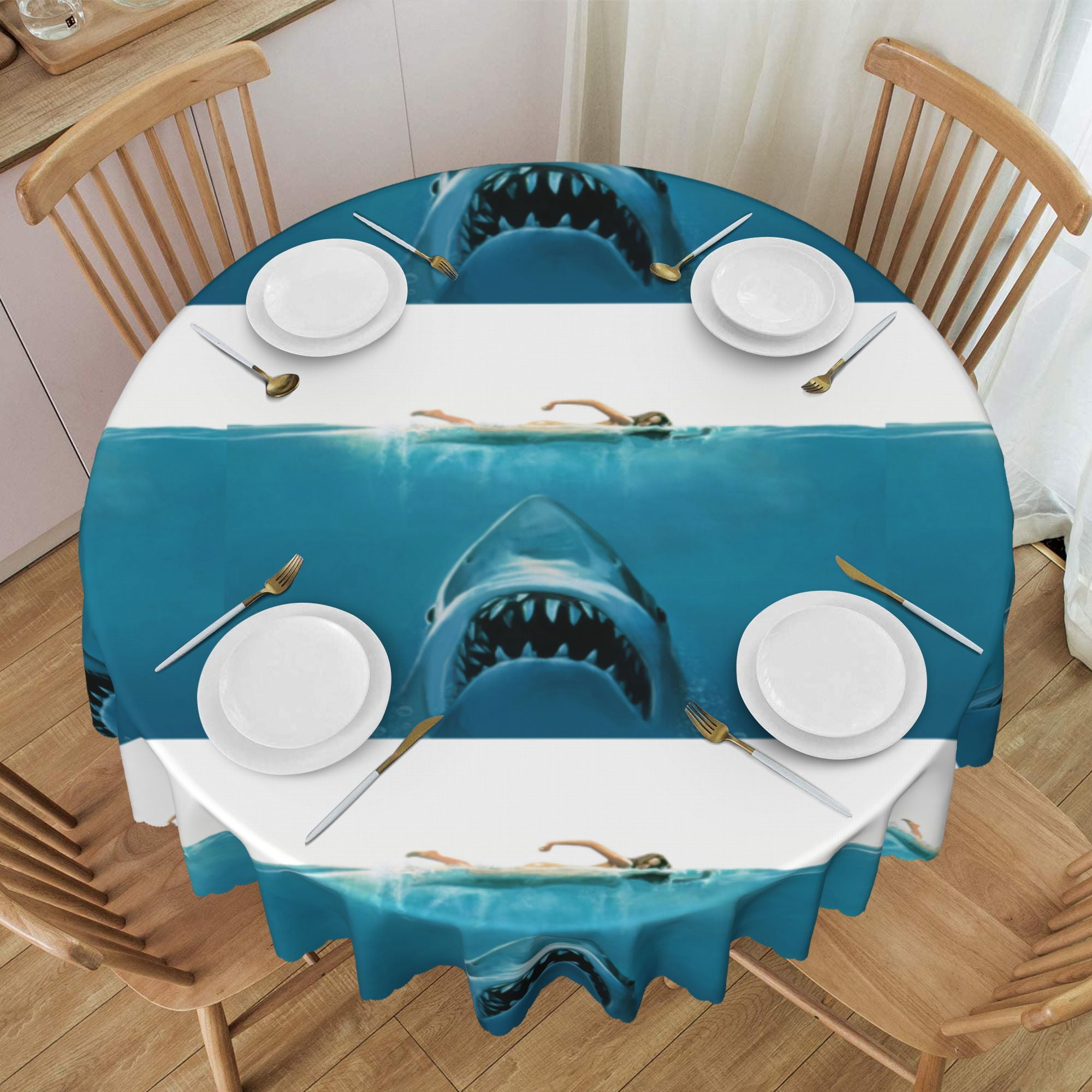 Tablecloth Women Swimming And White Shark Blue Table Cloth For Circular ...