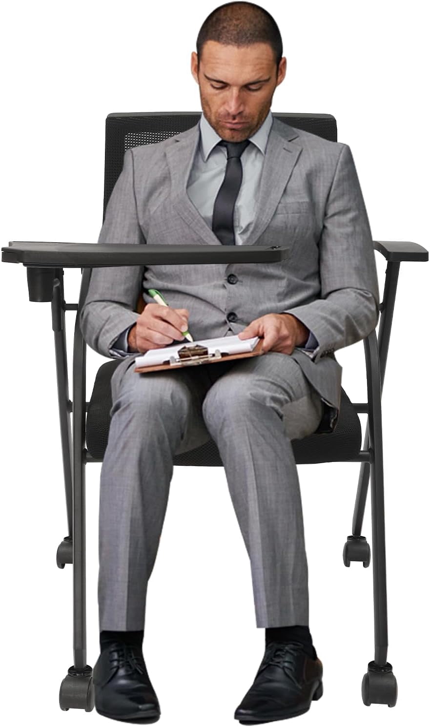 Tablet Folding Arm Chair, Desk Chairs with Caster Wheels Mesh Guest ...