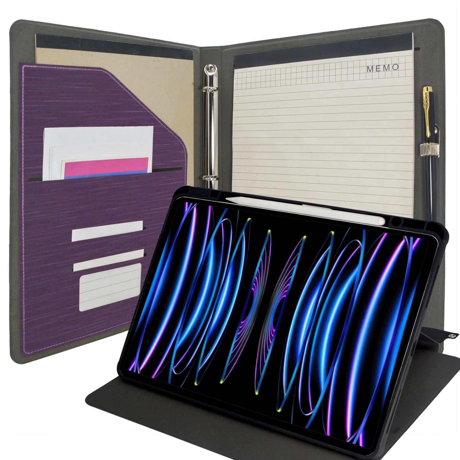 Tablet Organizer Portfolio Case with Clipboard, 3-Ring Binder Padfolio ...