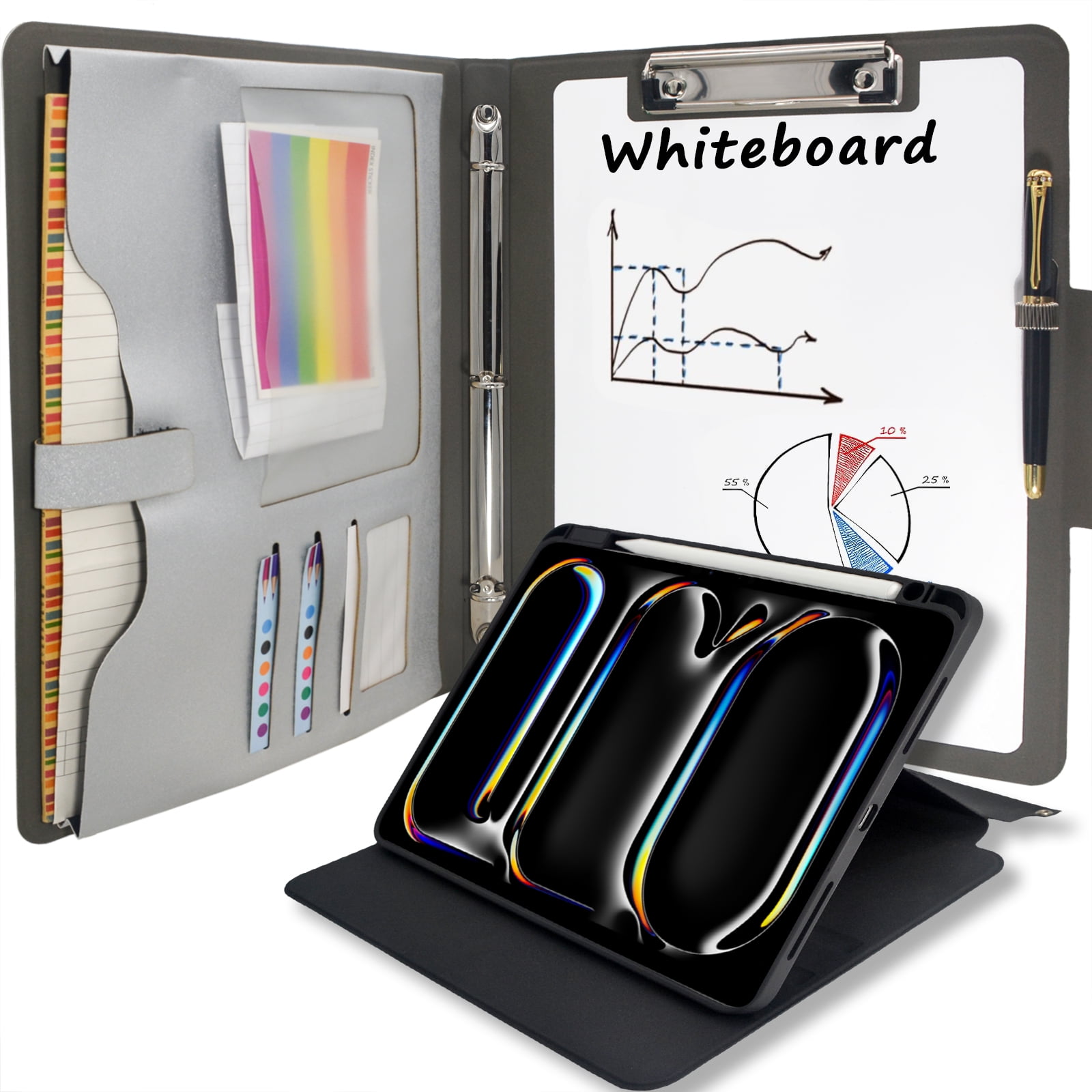 Tablet Portfolio Case with Whiteboard Clipboard, 3-Ring Binder Padfolio ...