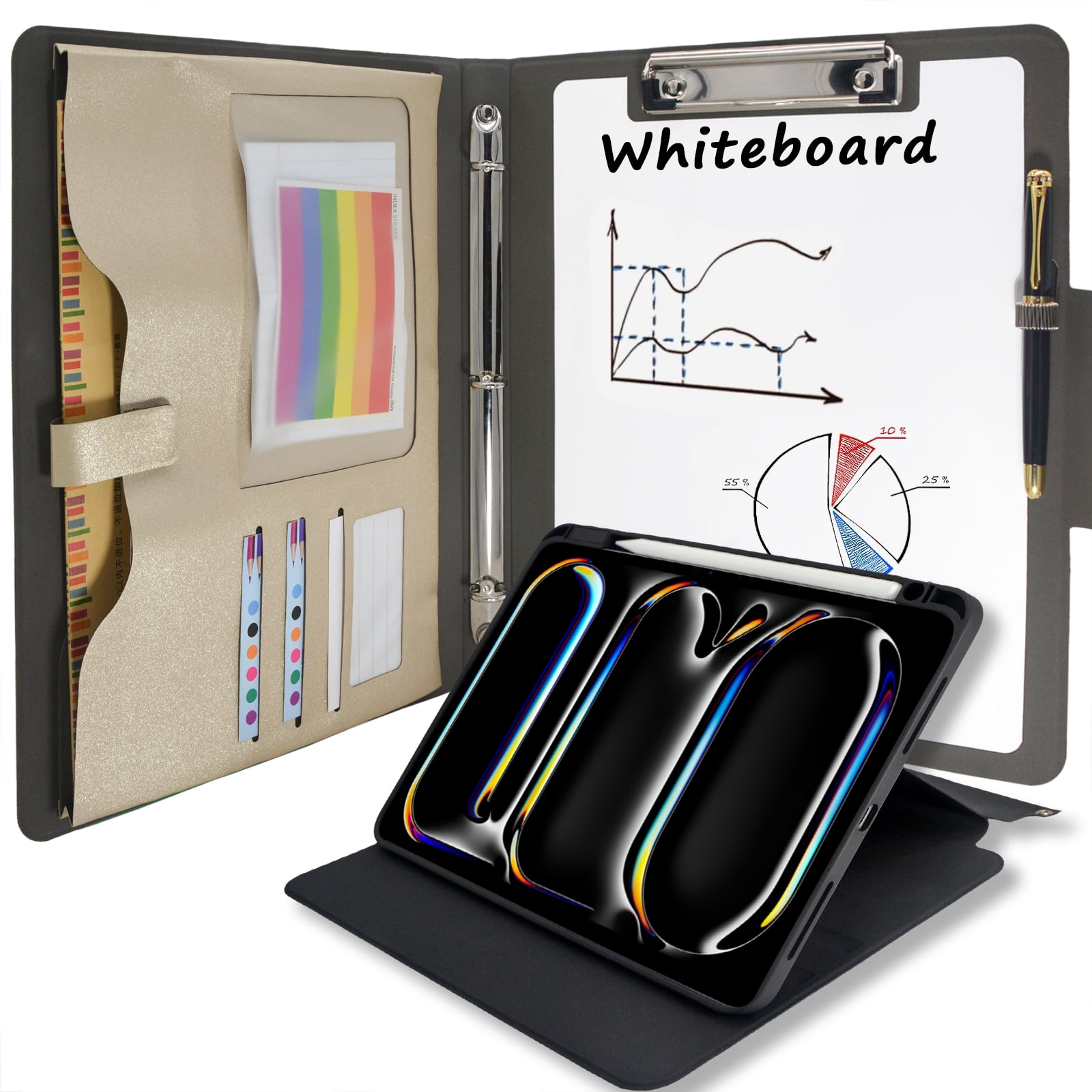 Tablet Portfolio Case with Whiteboard Clipboard, 3-Ring Binder Padfolio ...